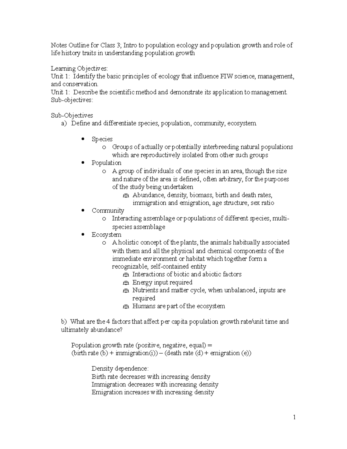Class 3 Notes - Notes Outline for Class 3; Intro to population ecology ...