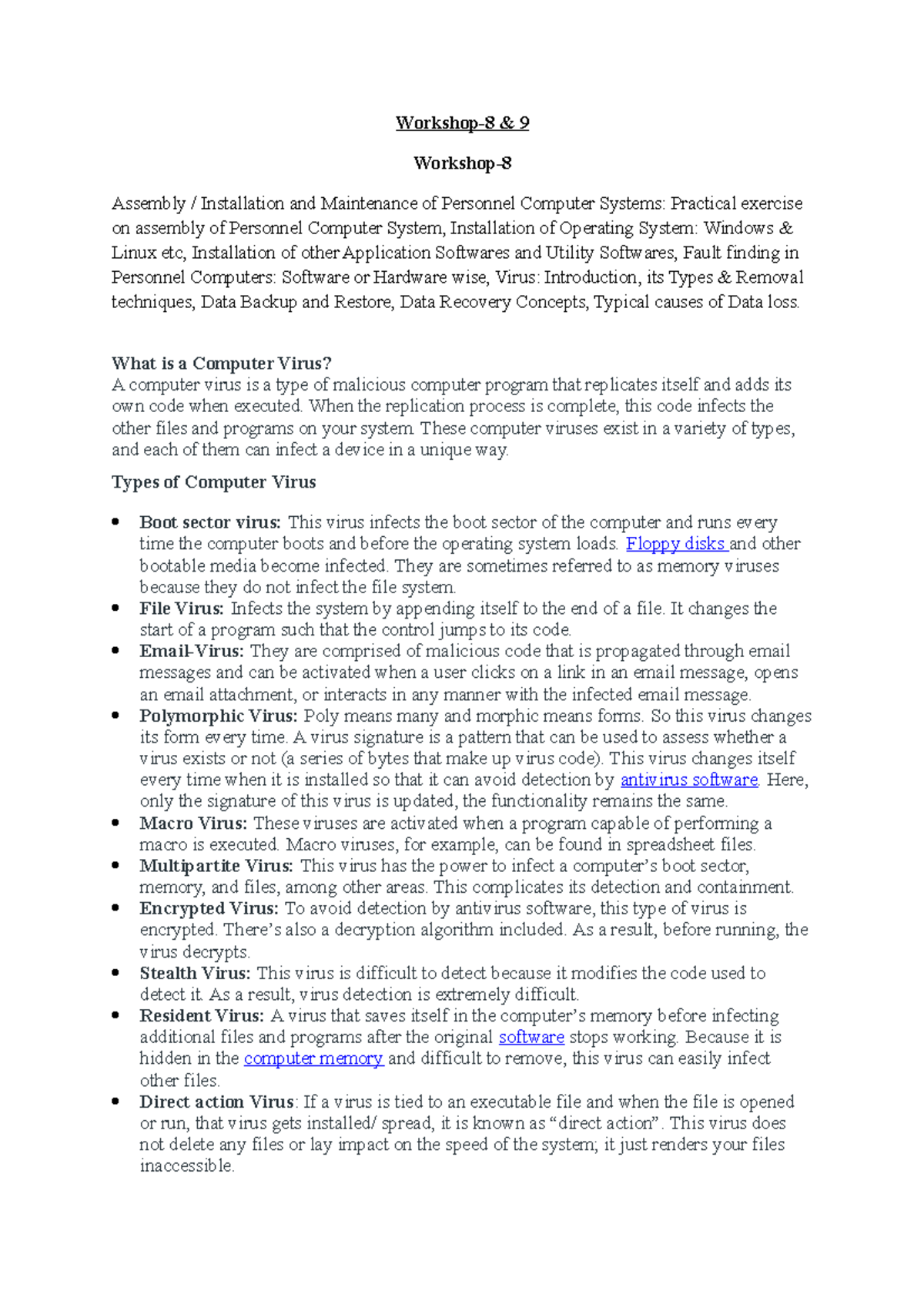 Workshop-8&9 - Summary Computer Science - Workshop-8 & 9 Workshop ...