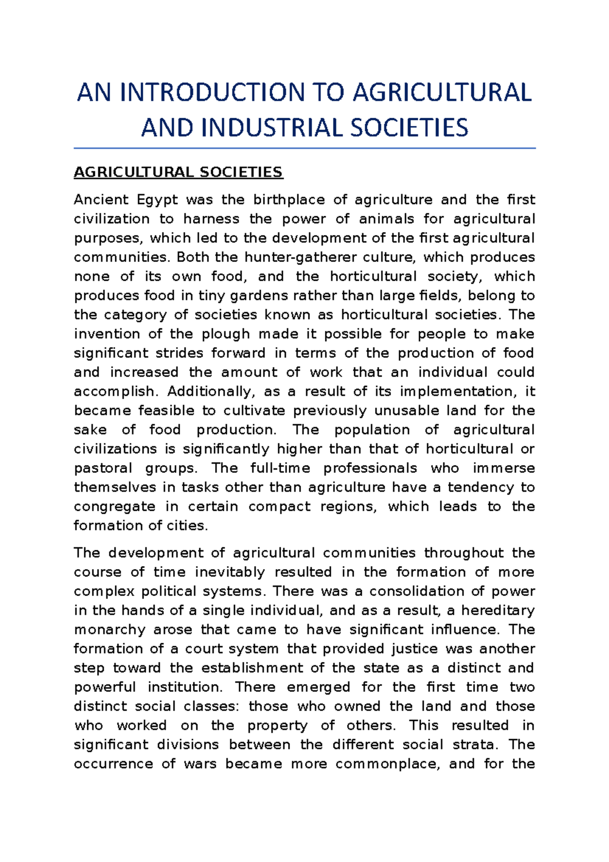 AN Introduction TO Agricultural AND Industrial Societies - AN ...