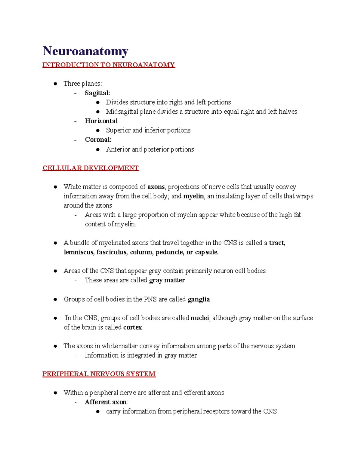 Ch. 2 notes - neuro ch.2 - Neuroanatomy INTRODUCTION TO NEUROANATOMY ...