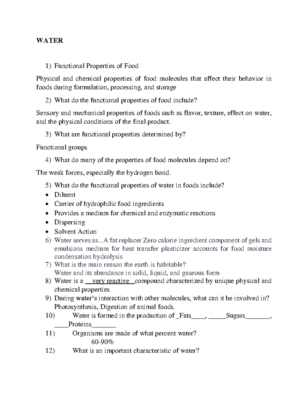 HNSC 2150 Midterm practice - WATER Functional Properties of Food ...