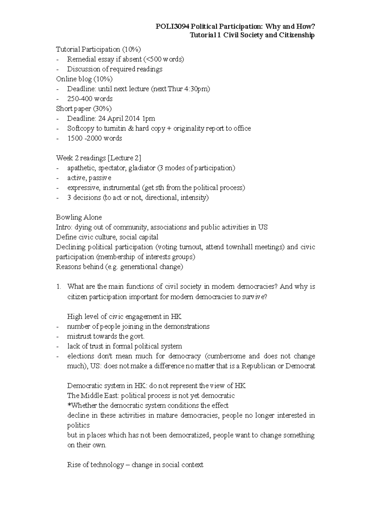 POLI3094 Tutorial 1 - Civil Society and Citizenship - POLI3094 ...