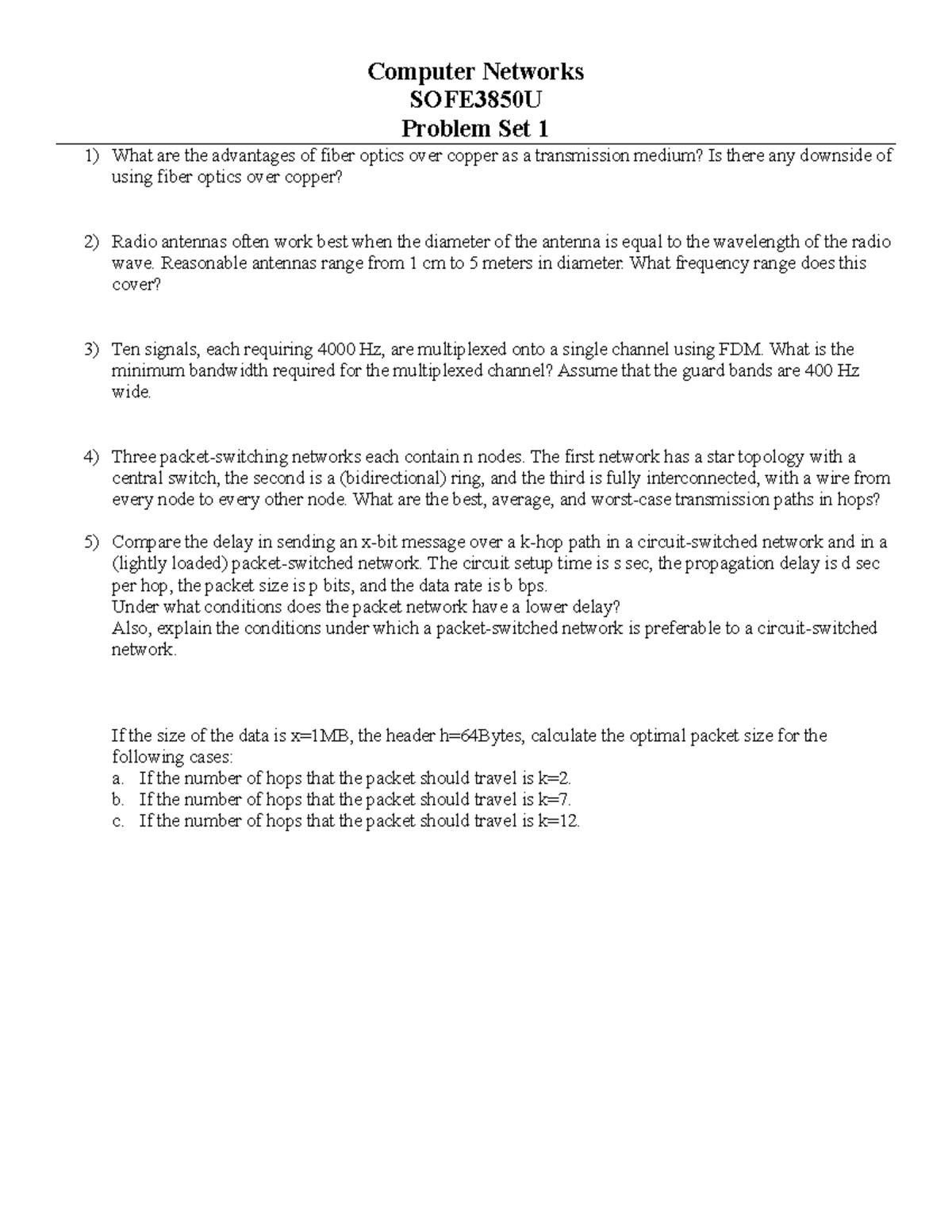 Problem Set 2 - enjoy the stuff - Computer Networks SOFE3850U Problem Set 1 What are the ...