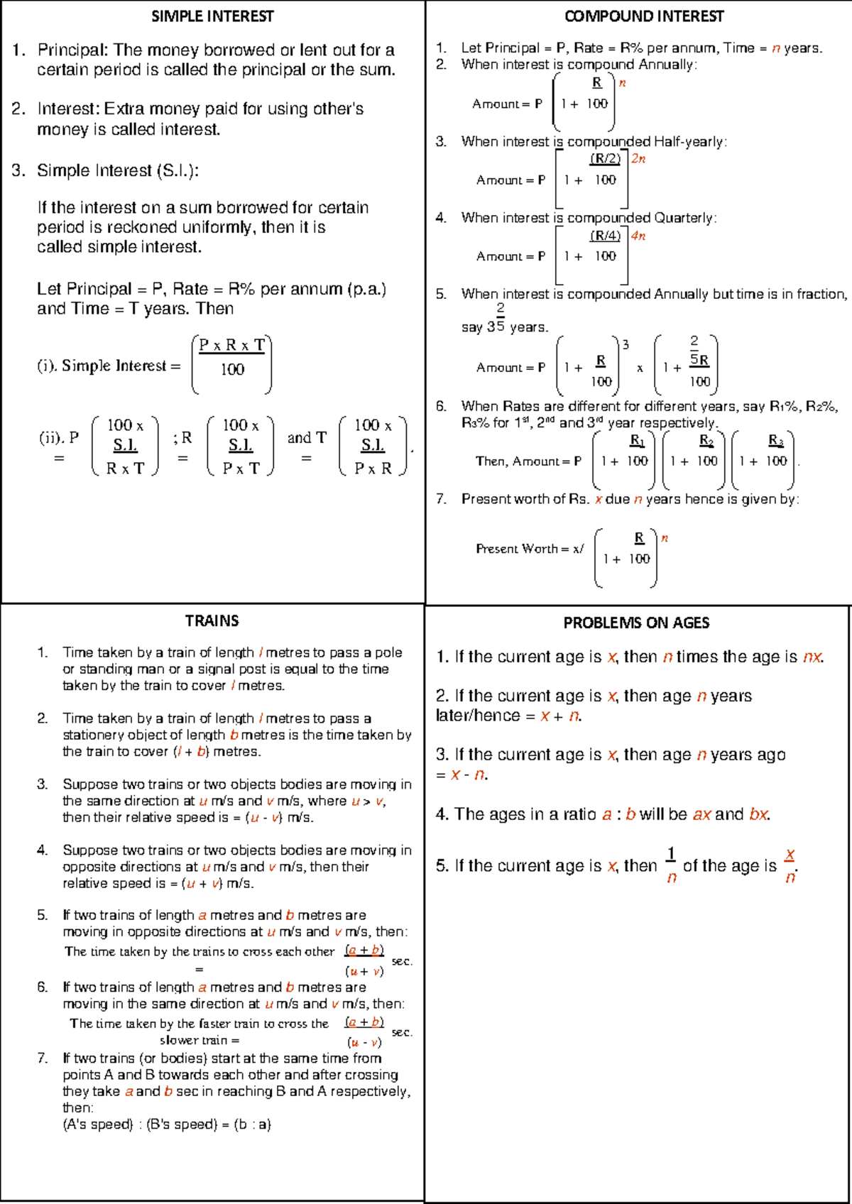 Aptitude Test Formulas - TRAINS 1. Time taken by a train of length l ...