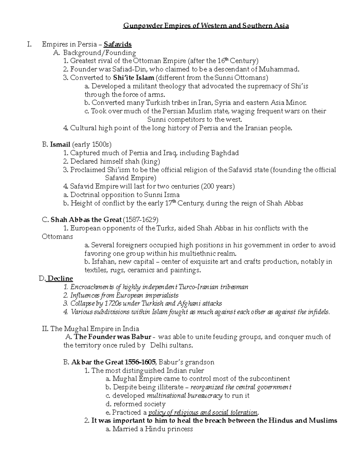 Islamic Empires Lecture Notes - Gunpowder Empires of Western and ...