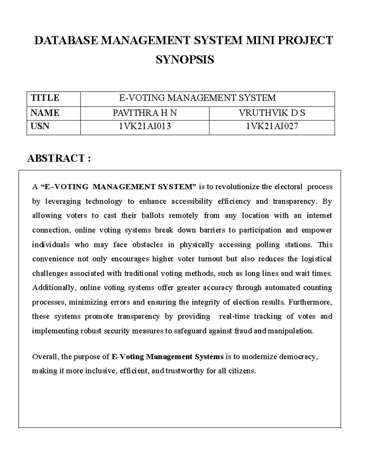 DBMS Synopsis - DATABASE MANAGEMENT SYSTEM MINI PROJECT SYNOPSIS TITLE ...