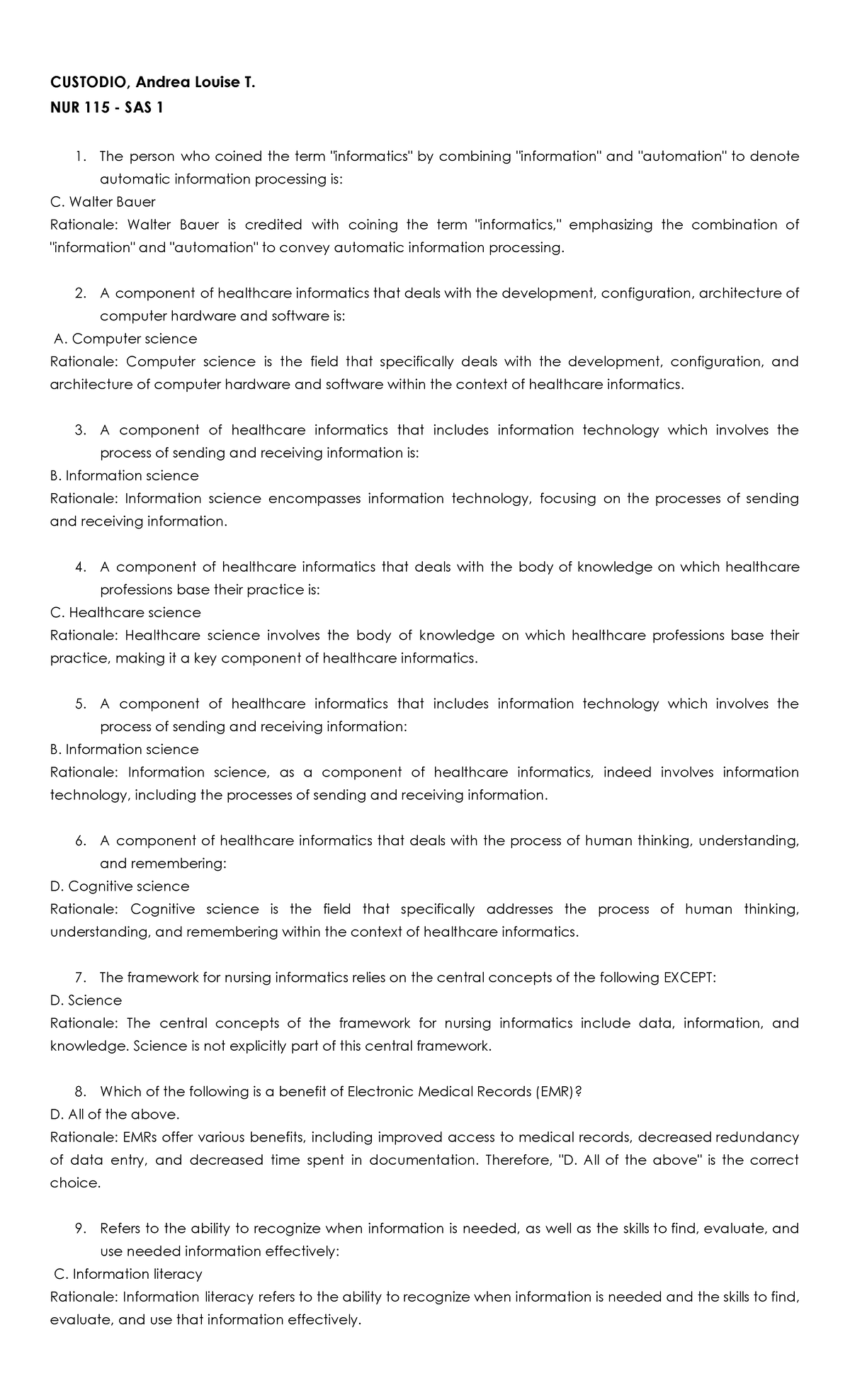 NUR 115 - SAS 1 - university notes - CUSTODIO, Andrea Louise T. NUR 115 ...