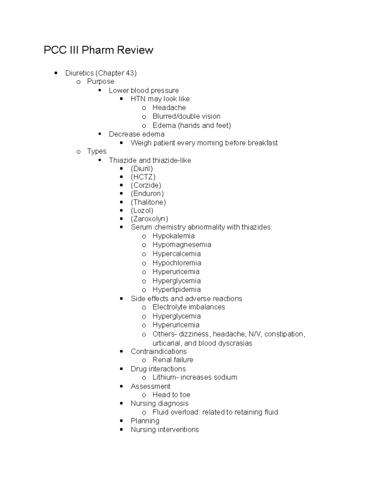 PCC III Pharm Review - Lecture Notes - PCC III Pharm Review Diuretics ...