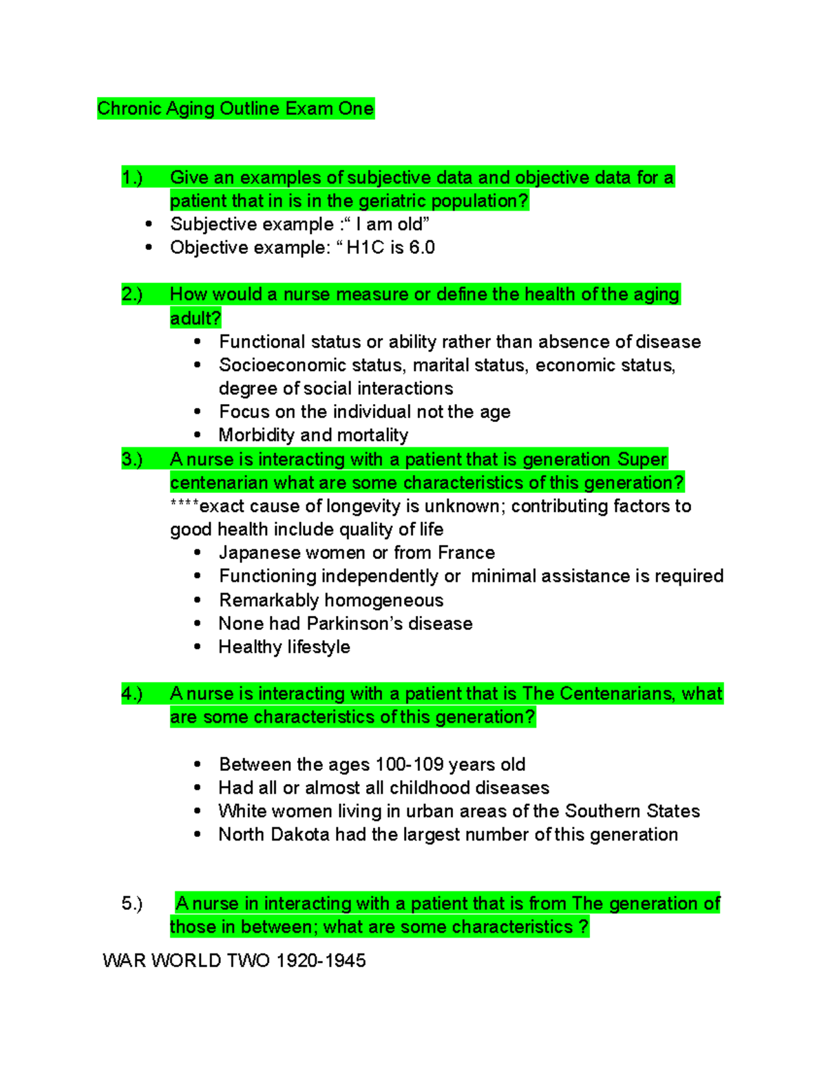 Exam one Outline - Chronic Aging Outline Exam One 1.) Give an examples ...