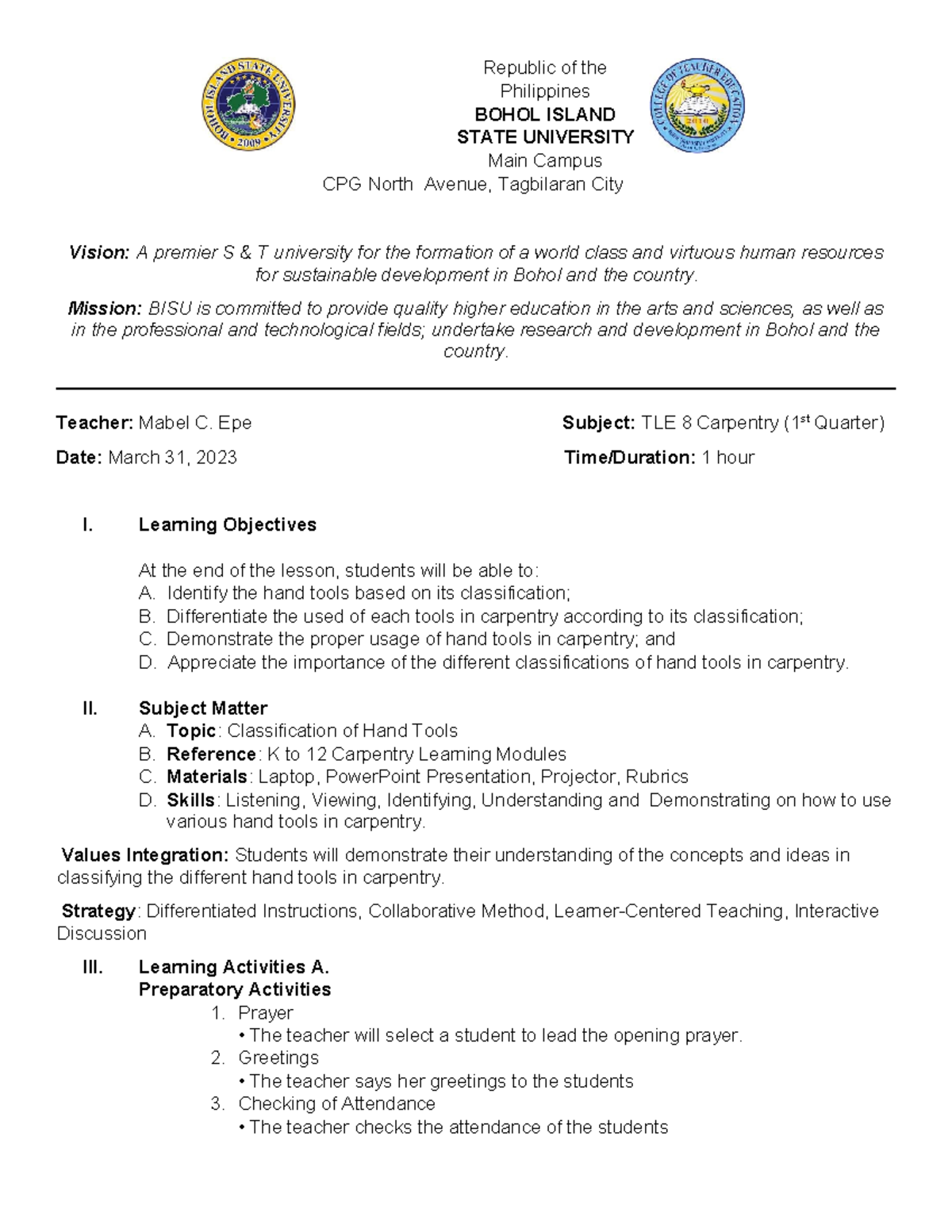 Lesson Plan - Republic of the Philippines BOHOL ISLAND STATE UNIVERSITY ...