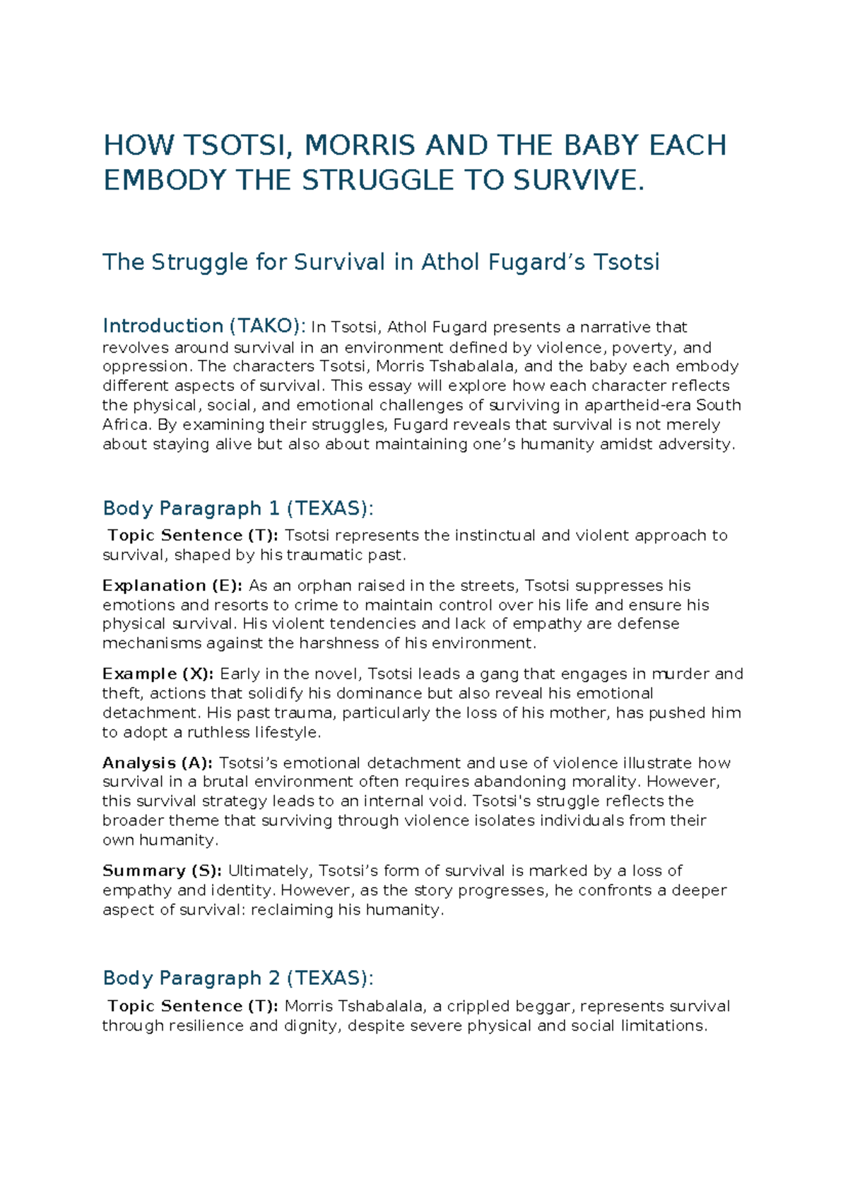 Literary Essay- Tsotsi GR11 - HOW TSOTSI, MORRIS AND THE BABY EACH ...
