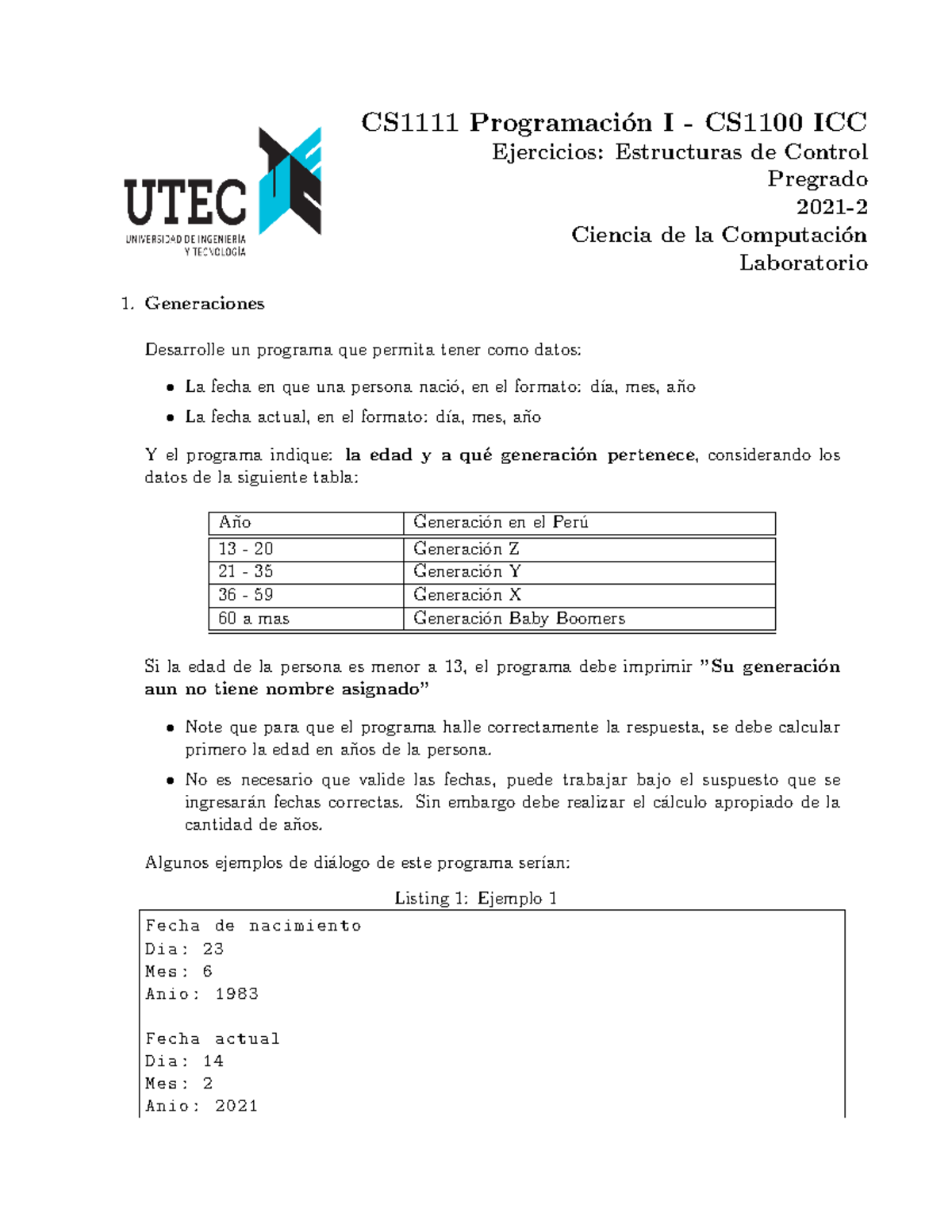 Guia PC1 - Ejercicios Estructuras de Control - CS1111 Programaci ́on I - CS1100 ICC Ejercicios ...
