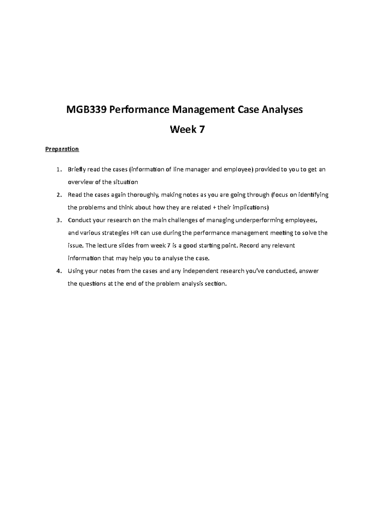 Case study Week 7 - MGB339 Performance Management Case Analyses Week 7 ...