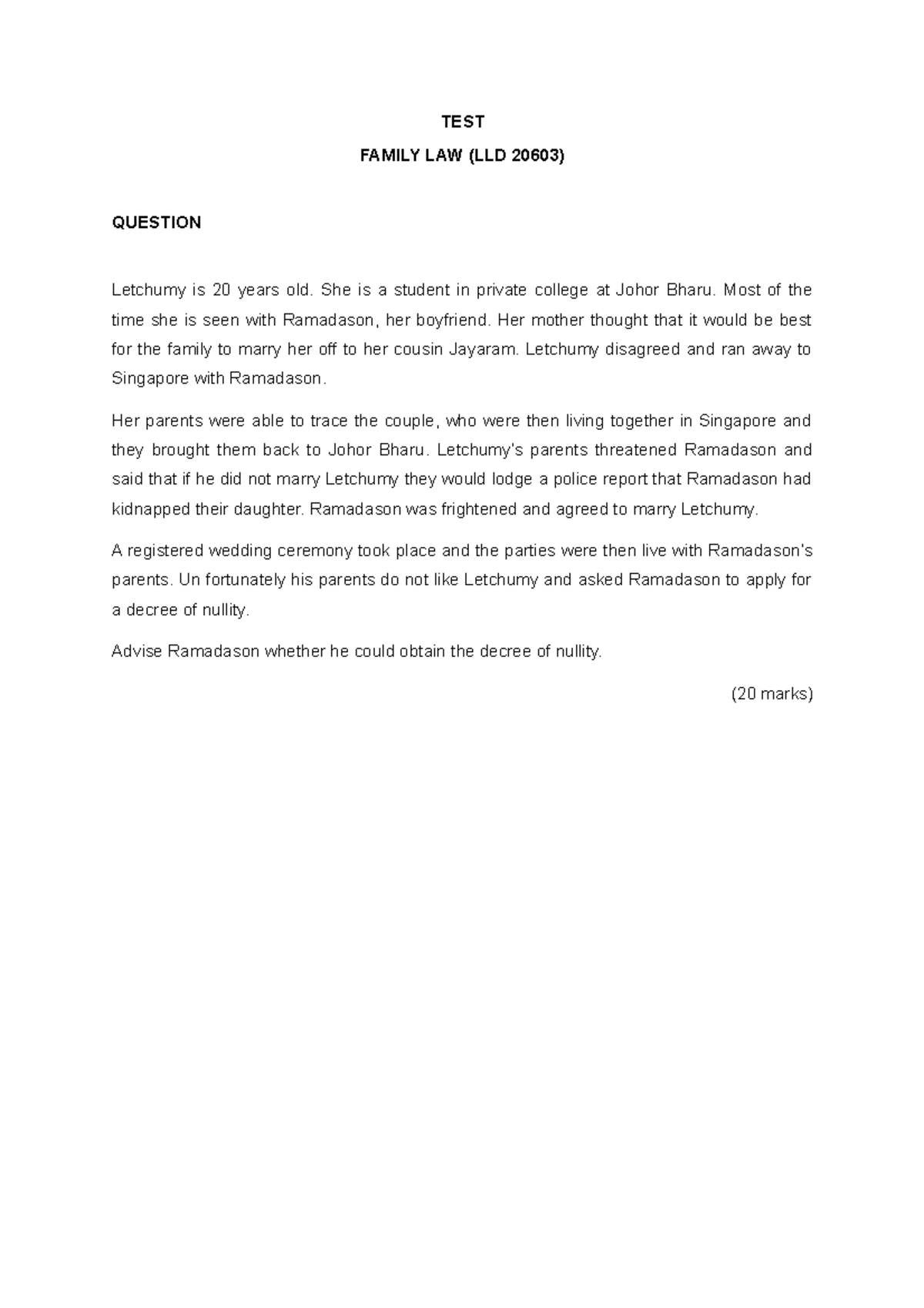 TEST ON Family LAW - TEST FAMILY LAW (LLD 20603) QUESTION Letchumy is ...