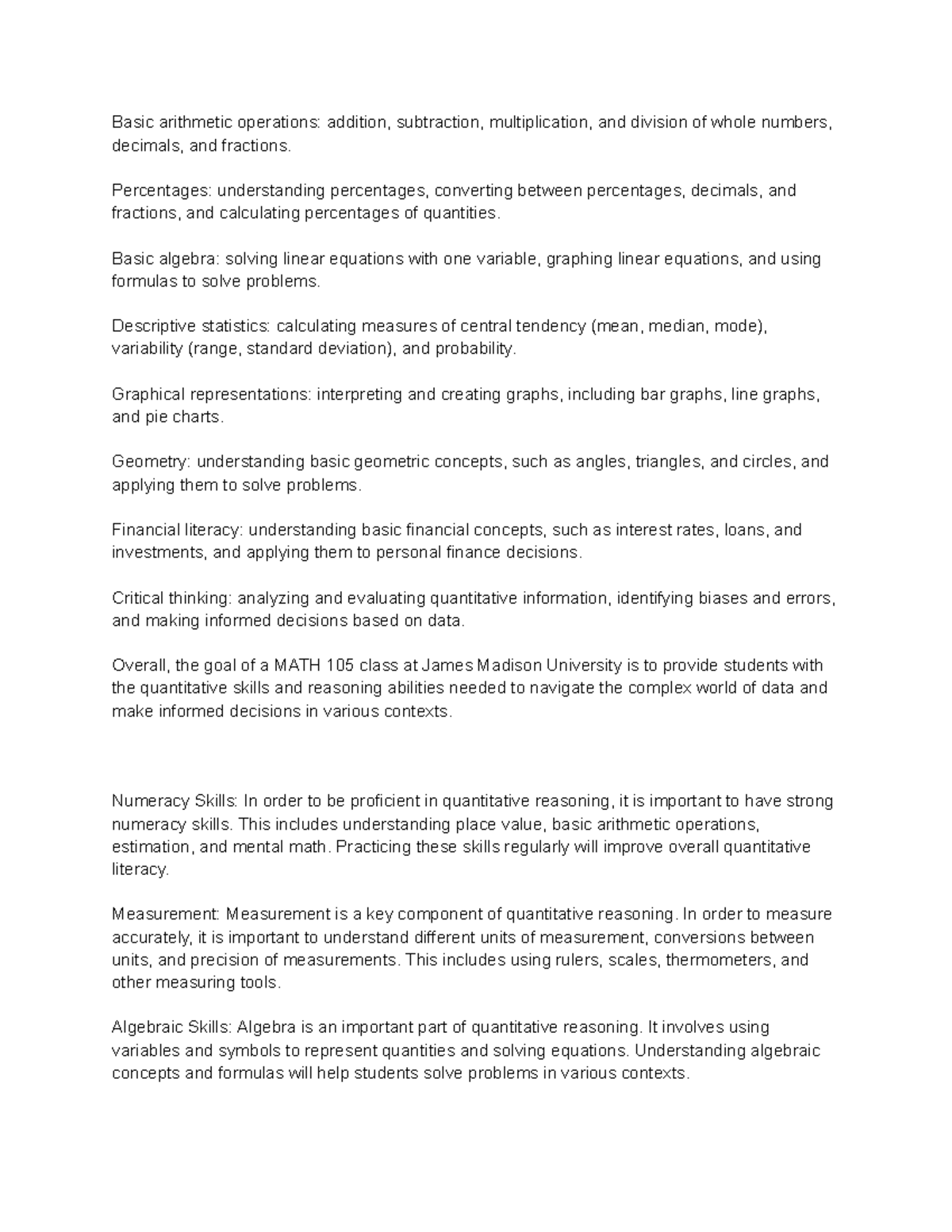 Math 105 #1 - Lecture/class summary/day summary's - Basic arithmetic ...