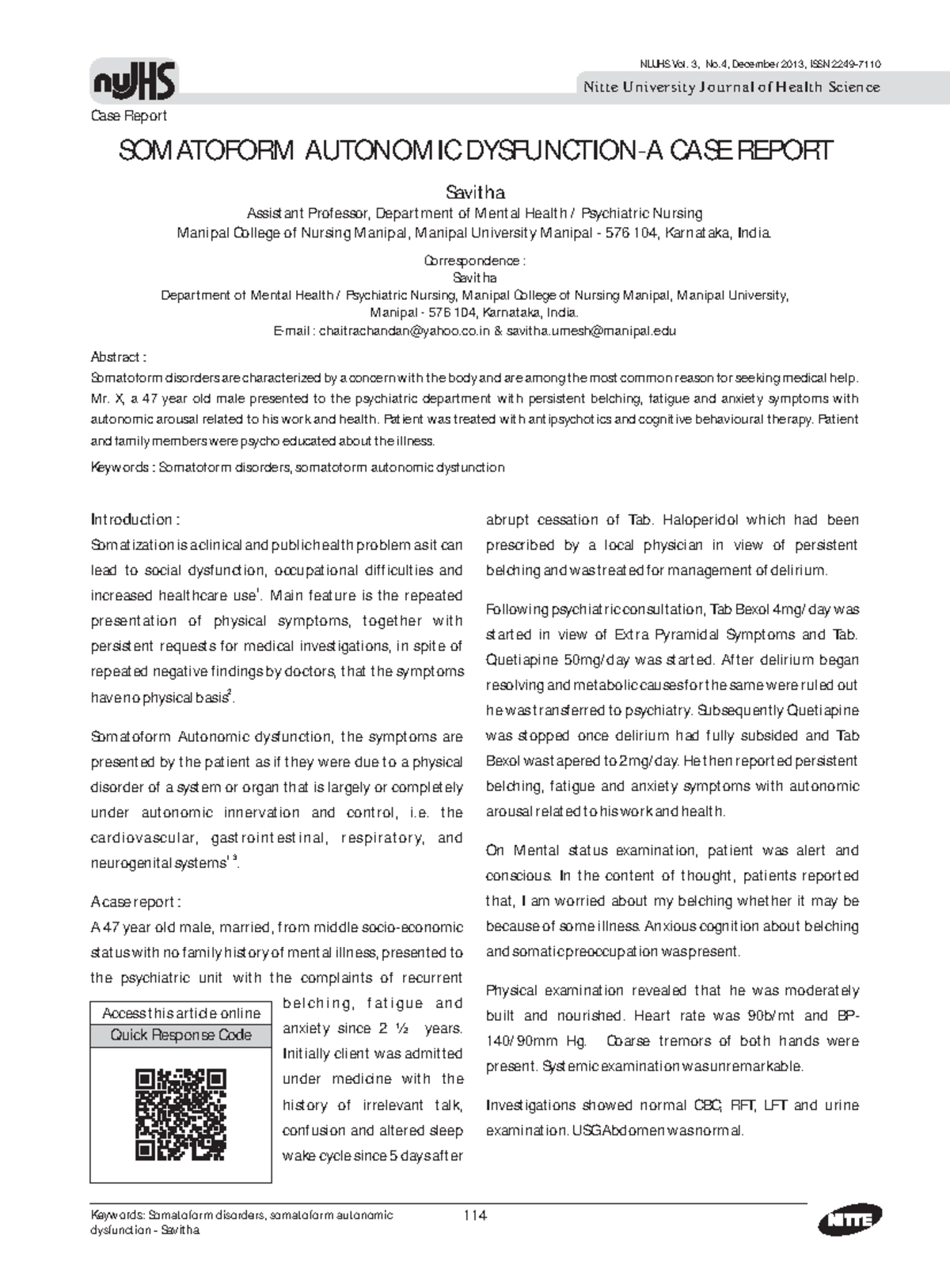 114-116 savitha - Case Report SOMATOFORM AUTONOMIC DYSFUNCTION-A CASE REPORT Savitha Assistant ...