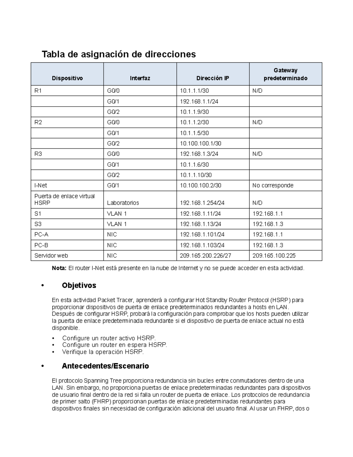 9.3.3 Packet Tracer - HSRP Configuration Guide - Tabla de asignación de direcciones Dispositivo ...