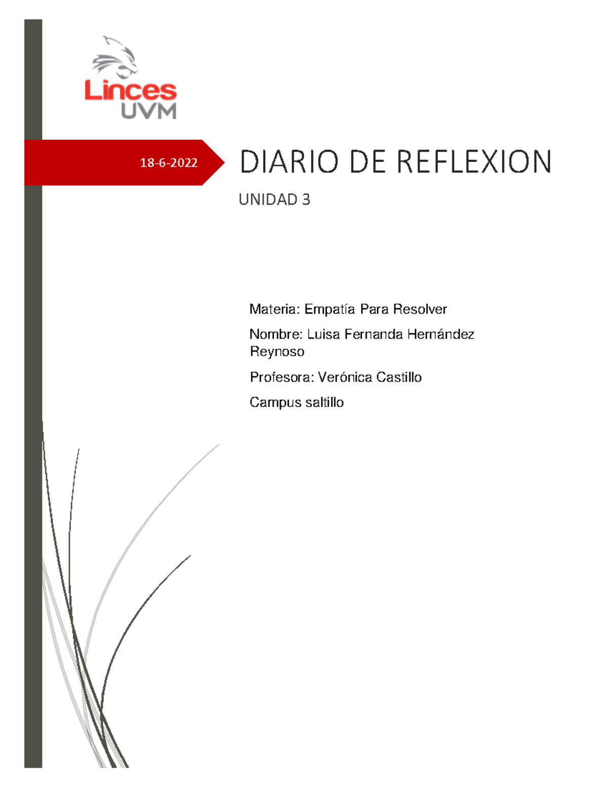 DR LFHR - DIARIO DE REFLEXION - 18-6- DIARIO DE REFLEXION UNIDAD 3 Materia: Empatía Para ...