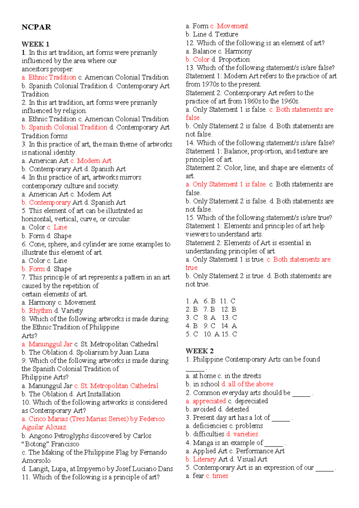 CPAR Reviewer.docx answer - NCPAR WEEK 1 In this art tradition, art ...