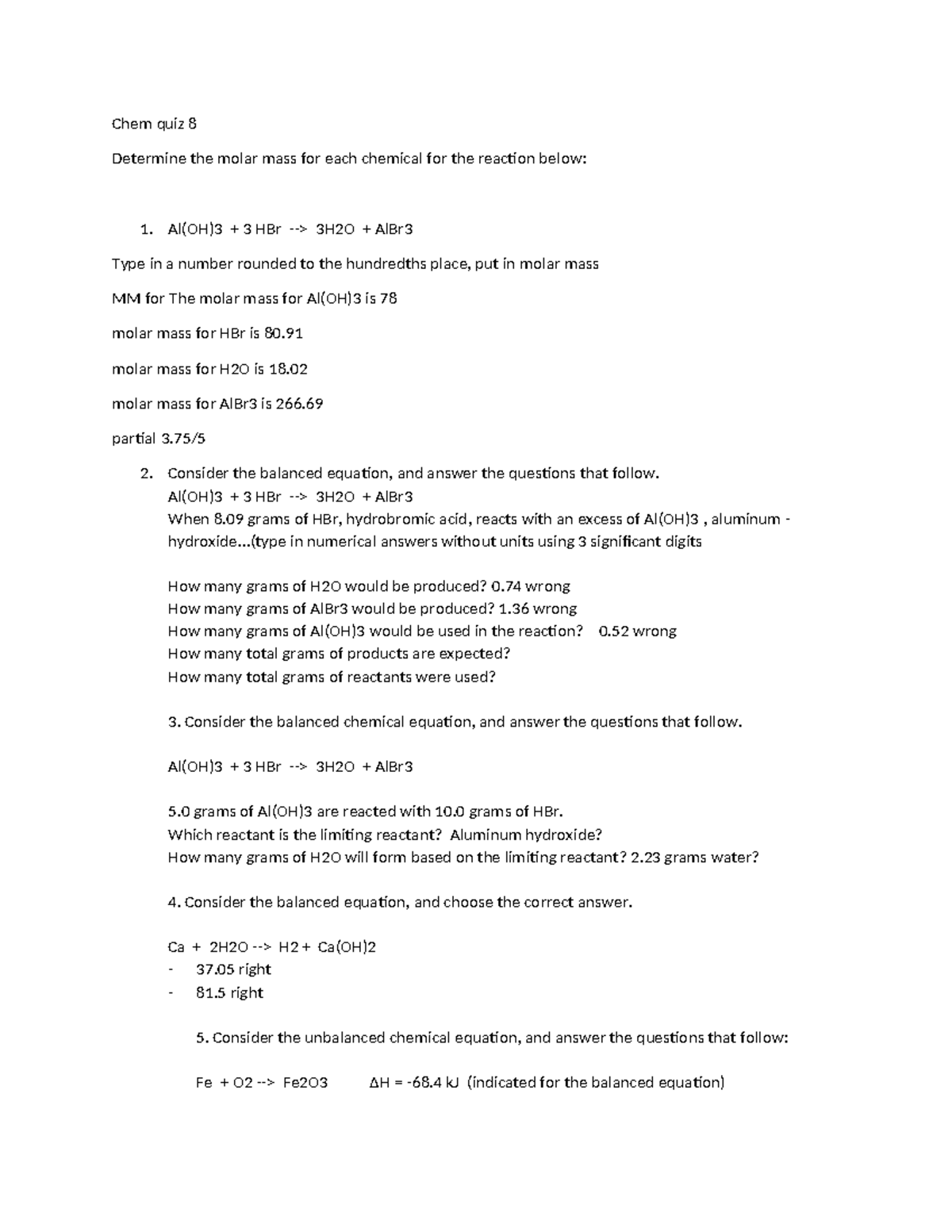 Chem quiz 8 - chemistry quiz chapter 8 - Chem quiz 8 Determine the ...