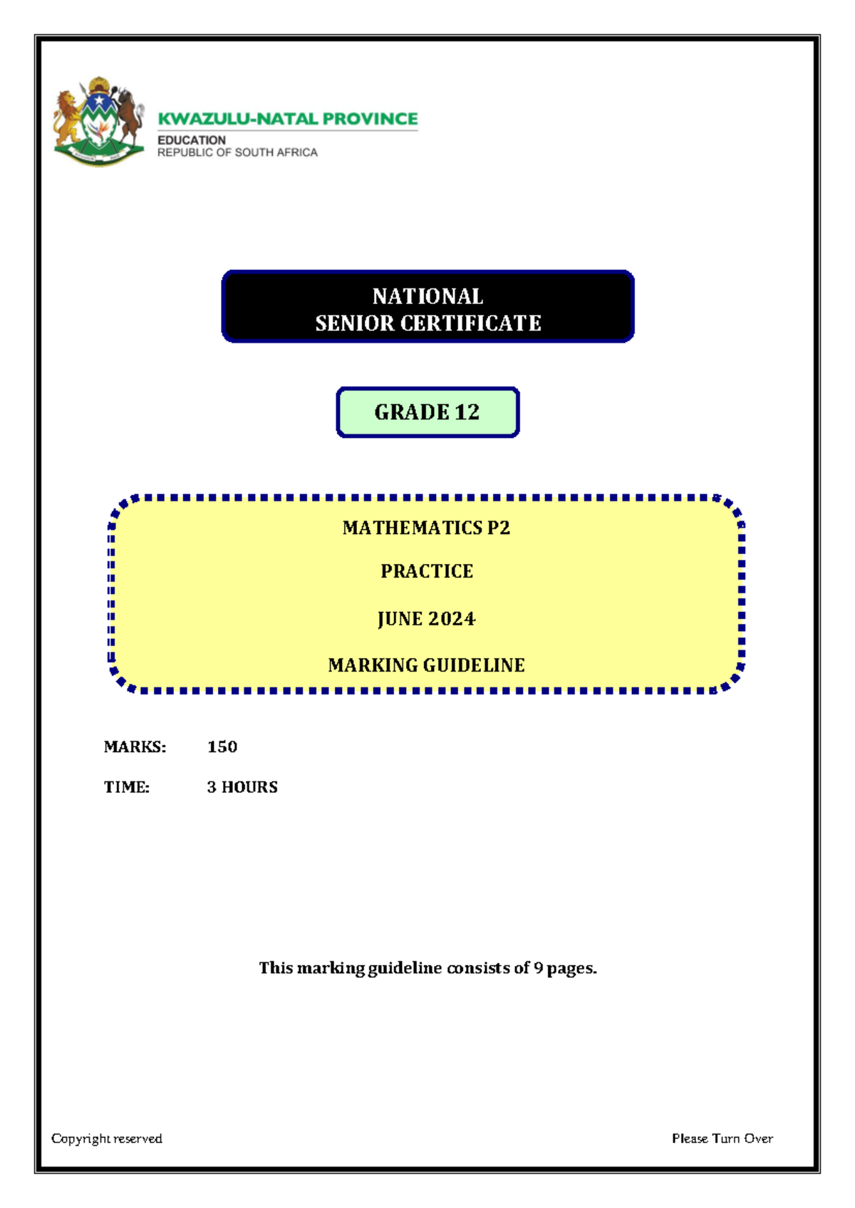Grade 12 Math Paper 2 June Practice 2024 MEMO - MARKS: 150 TIME: 3 ...