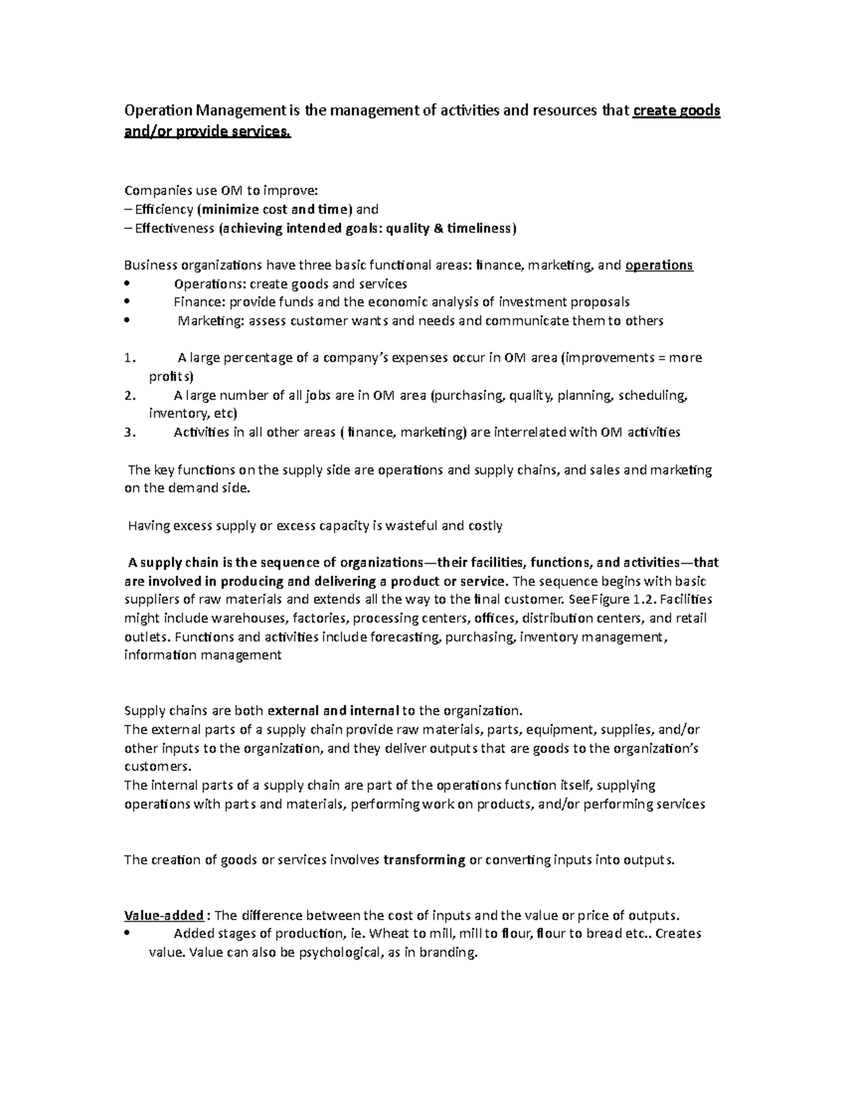 Chap 1 Summary Notes - Operation Management is the management of ...