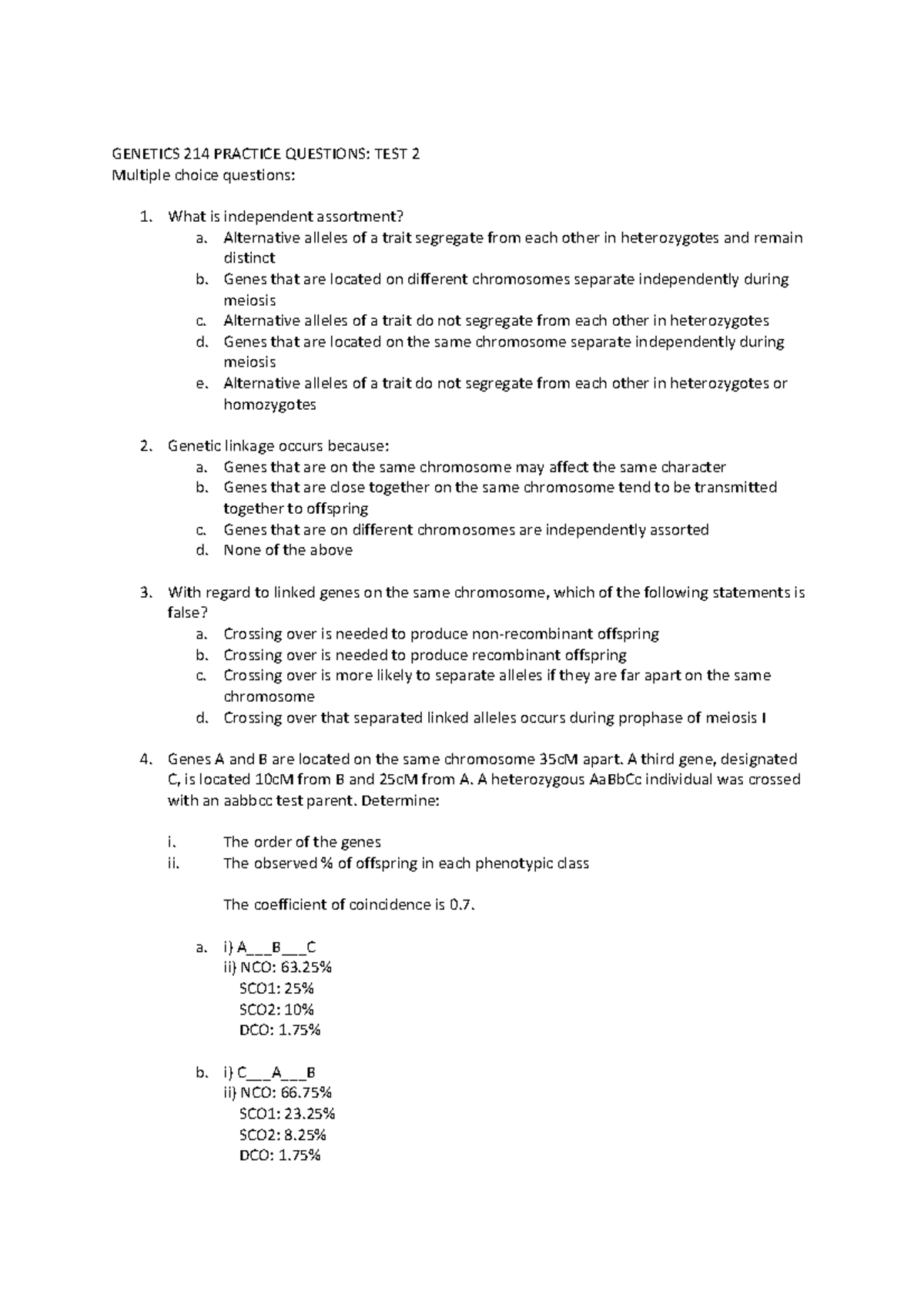 Genetics 214 Test 2 Practice Questions - GENETICS 214 PRACTICE ...