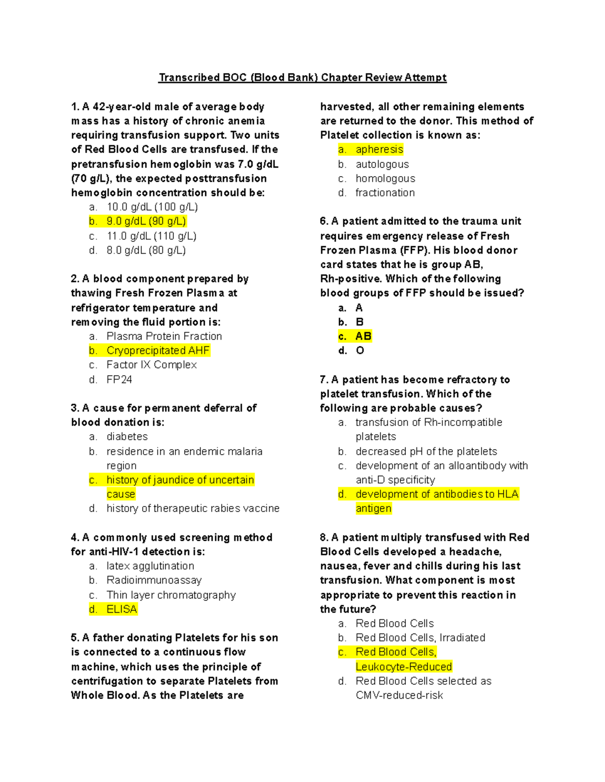 Transcribed Blood Bank (BOC) Chapter Review Attempt - Transcribed BOC ...