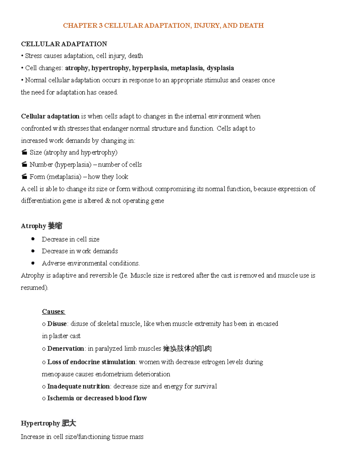 Cellular Adaptation Notes - CHAPTER 3 CELLULAR ADAPTATION, INJURY, AND ...