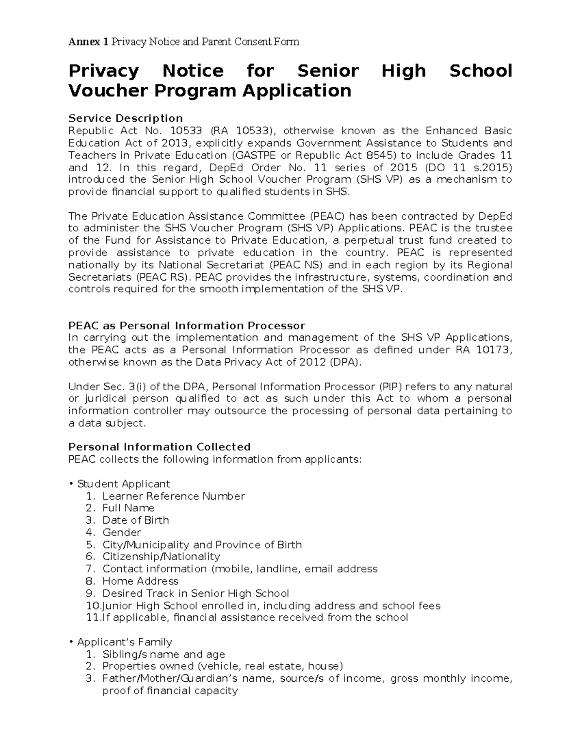 Annex 1 Privacy Notice and Parent Consent Form - 10533 (RA 10533 ...