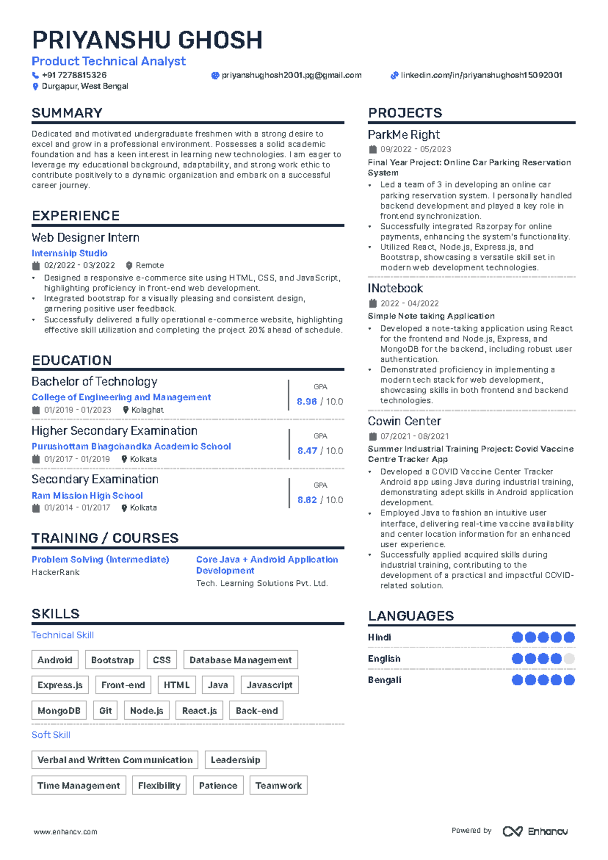 Priyanshu Ghosh Resume - / / / PRIYANSHU GHOSH Product Technical Analyst 91 7278815326 - Studocu