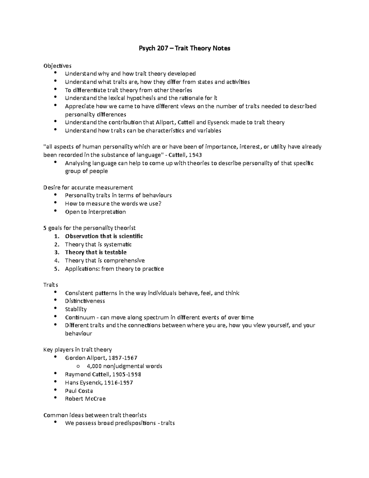 Trait Lecture Notes Psych 207 Trait Theory Notes Objectives Understand Why And How Trait