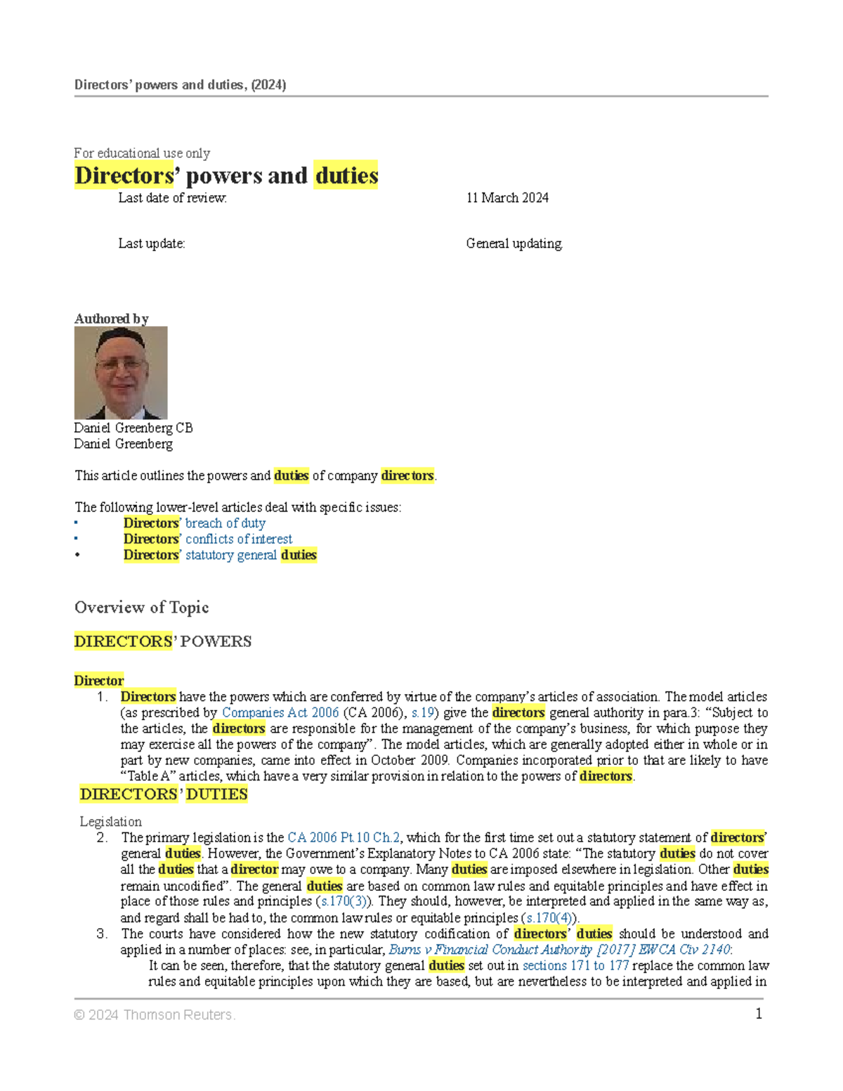 Westlaw UK - 5 full text items for Director duties - Directors’ powers ...