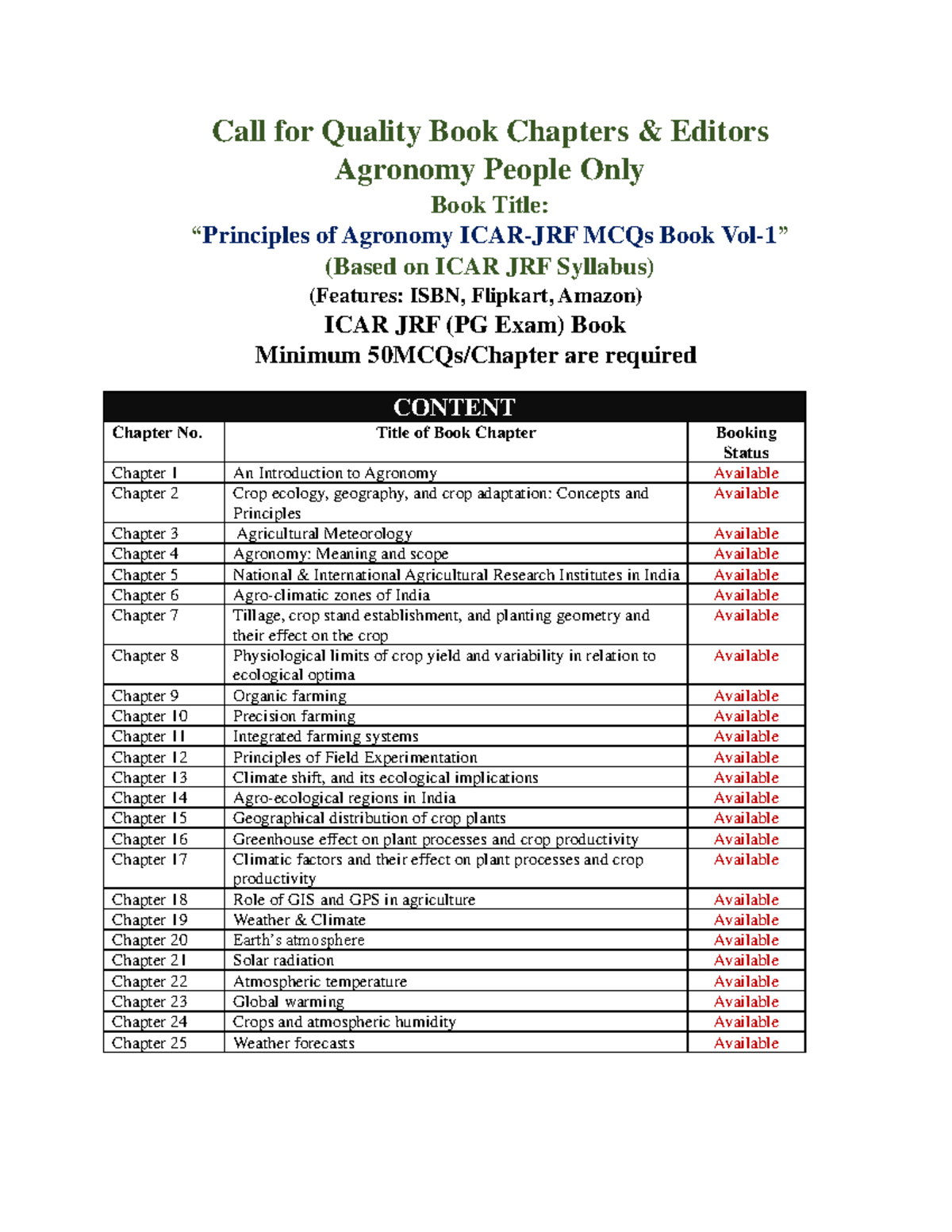 Principles of Agronomy ICAR-JRF MCQs Book Vol-1 - Call for Quality Book Chapters & Editors - Studocu