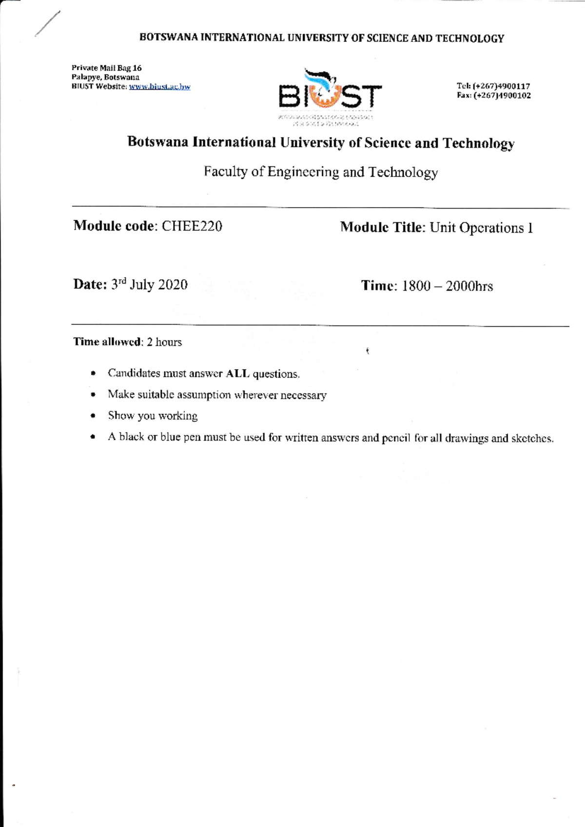 CHEE 220-TEST 1 0001eef - Private Mail Bag 16 Palapye, Botswana BIUST ...