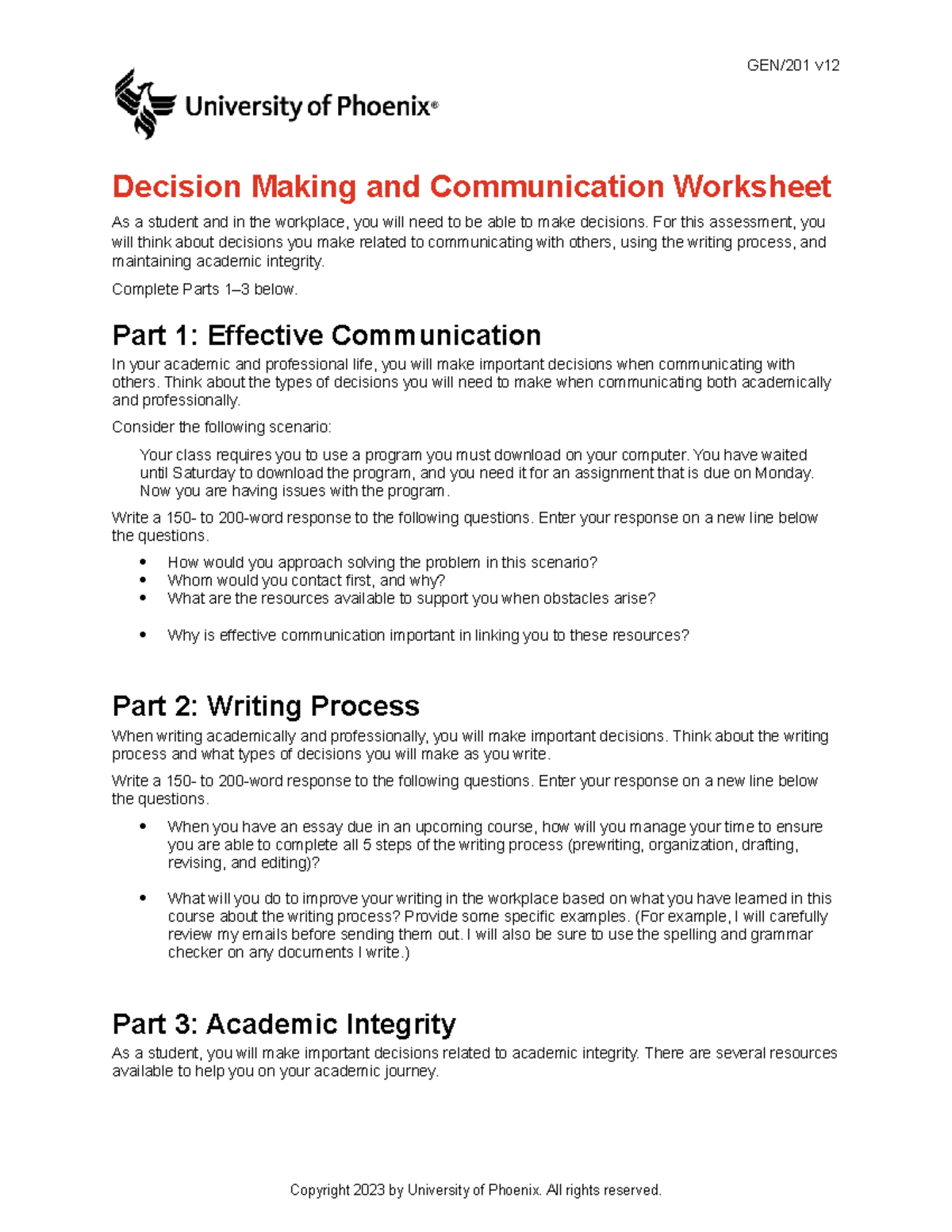 Gen201 v12 wk3 decision making and communication worksheet - GEN/201 v ...
