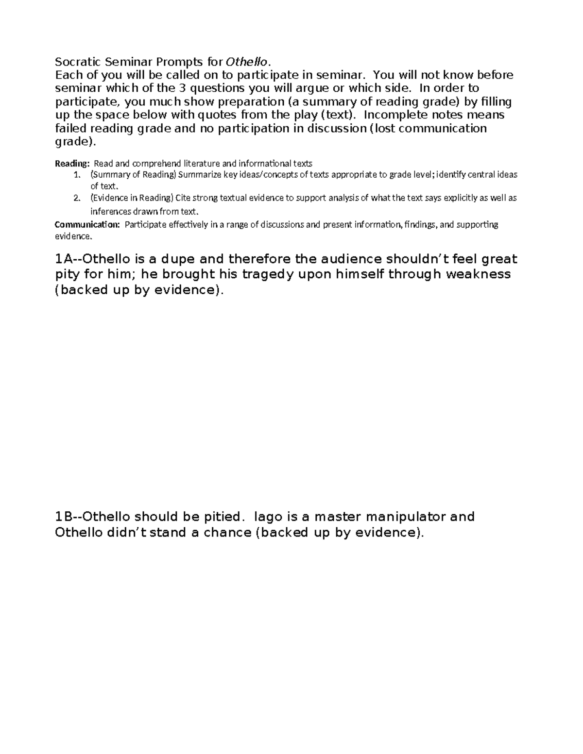 Socratic Seminar Prompts for Othello - Each of you will be called on to ...