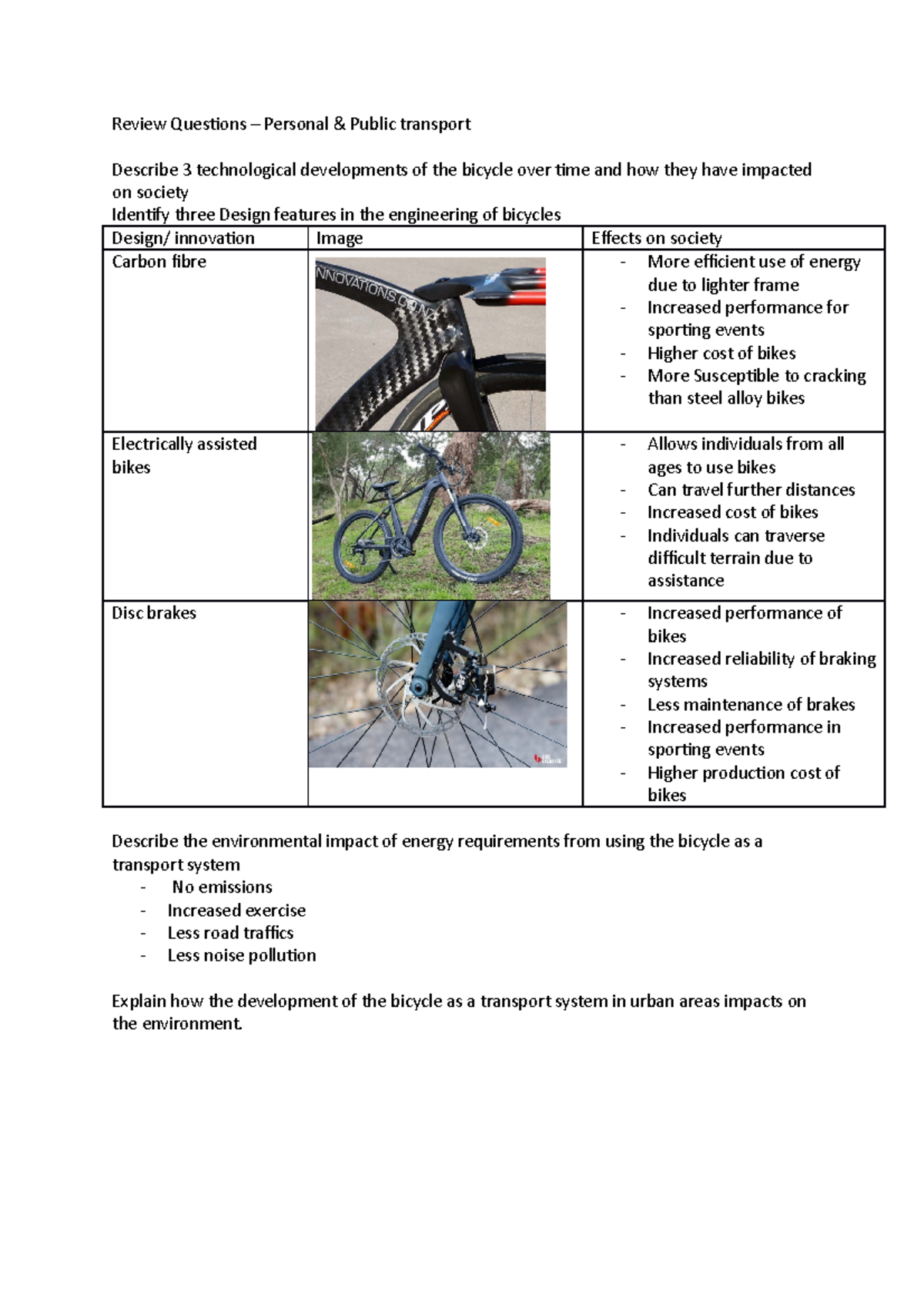 Review Questions – Personal & Public transport - Review Questions ...