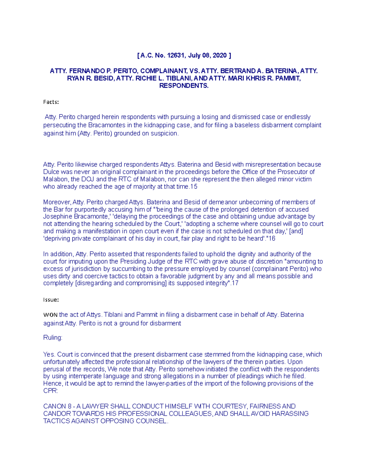Canons-7-9 - None - [ A. No. 12631, July 08, 2020 ] ATTY. FERNANDO P ...