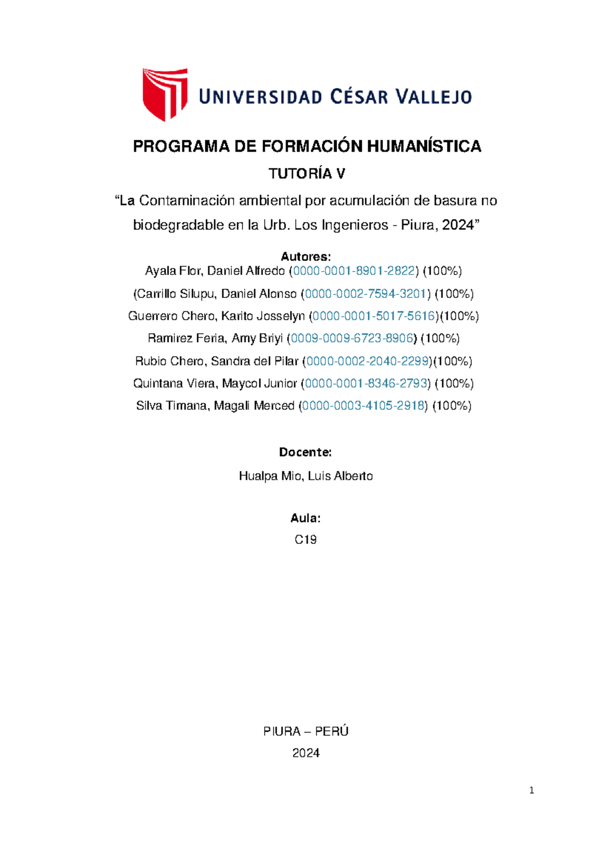 Tutoria V - Grupo 01 - Avance del informe - PROGRAMA DE FORMACIÓN HUMANÍSTICA TUTORÍA V “La ...
