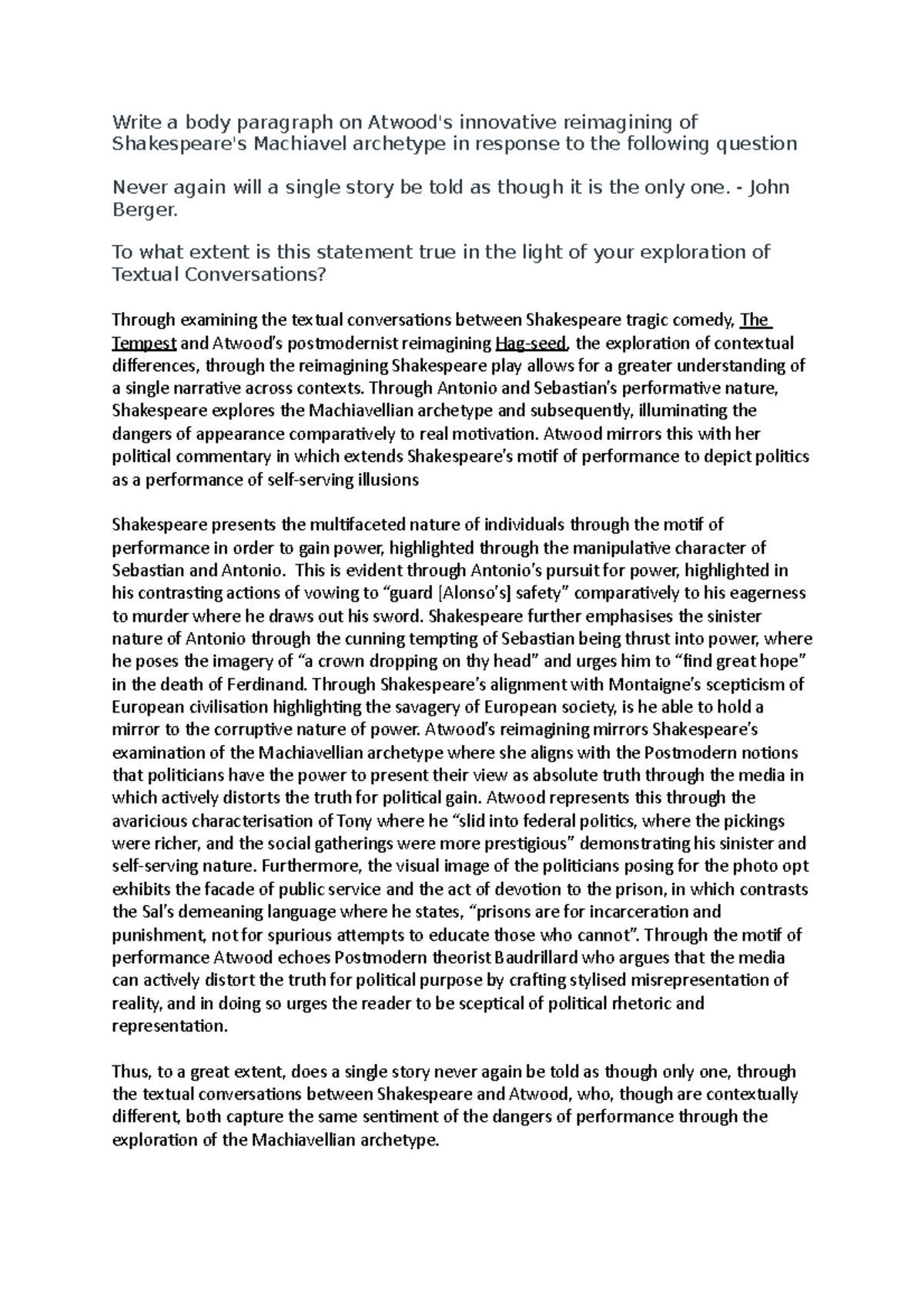 Machiavellian paragraph Hag-seed and The Tempest - Write a body ...