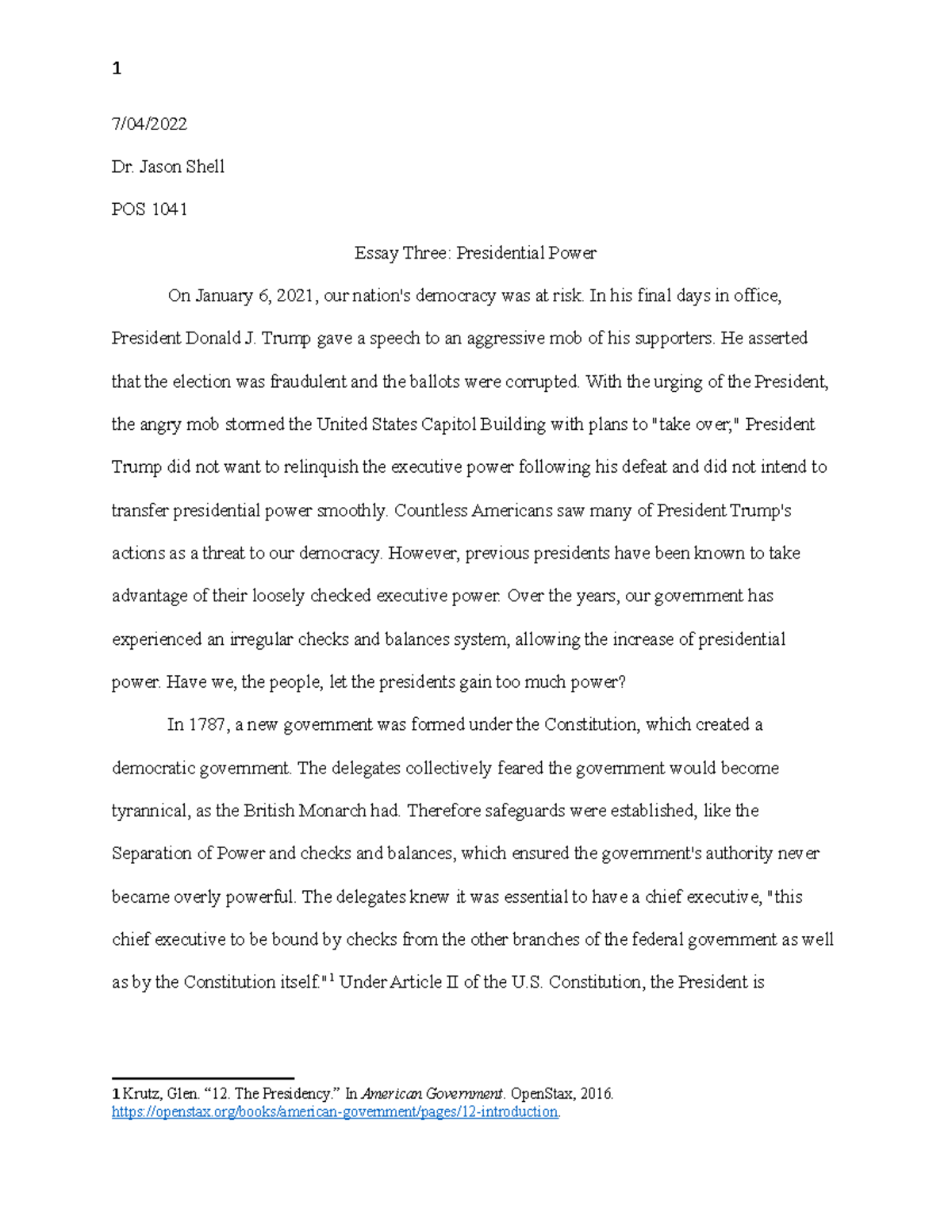Power of Presidents - Essay - 1 7/04/ Dr. Jason Shell POS 1041 Essay ...