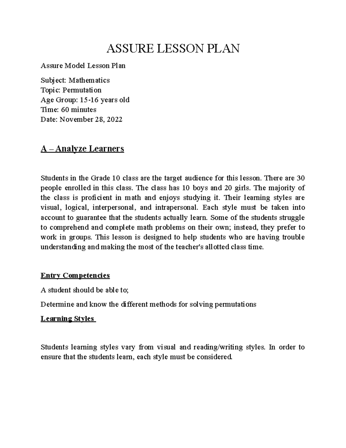 Assure Lesson PLAN - ASSURE LESSON PLAN Assure Model Lesson Plan ...