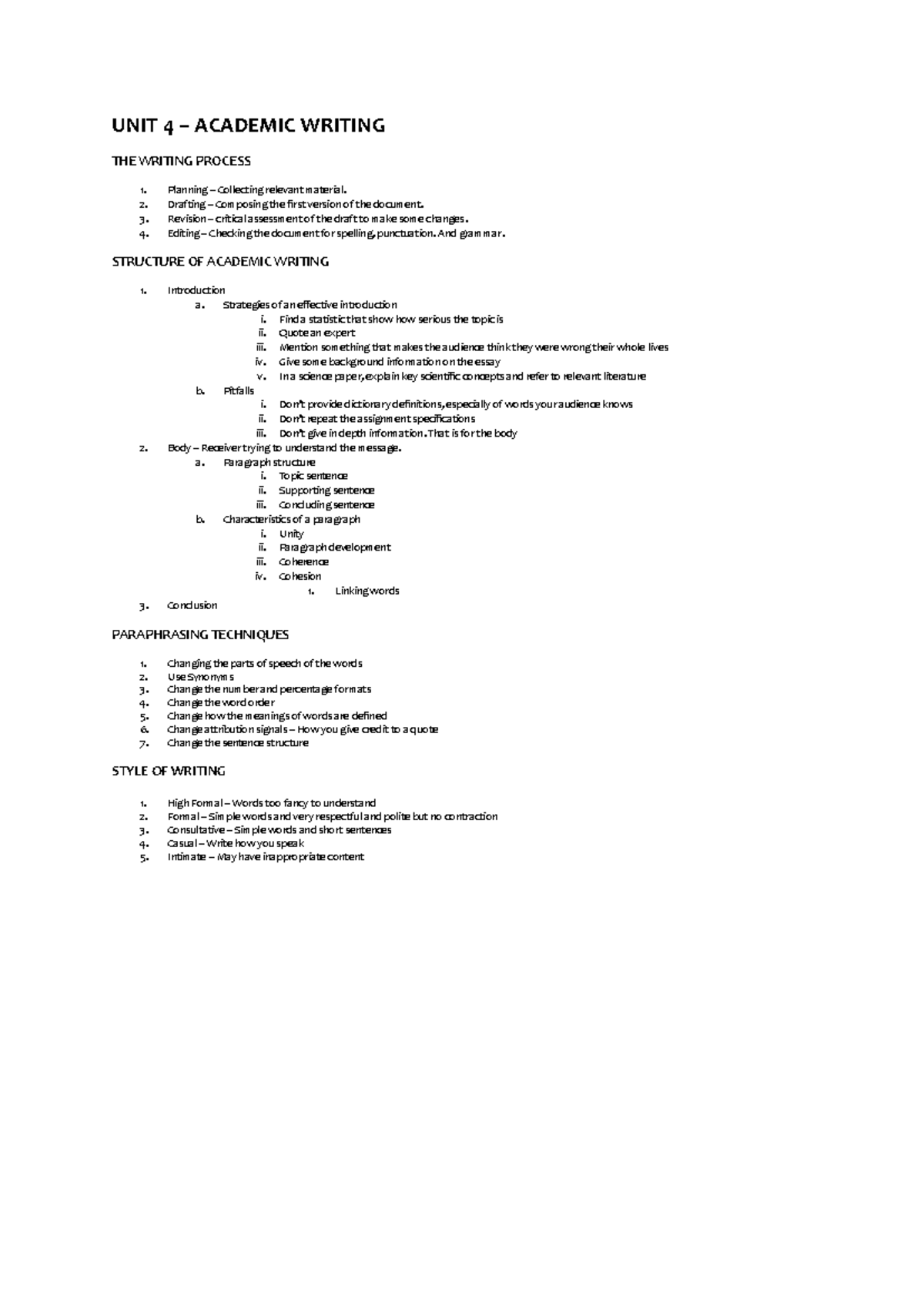 UNIT 4 - Summary Dip Computer Science - UNIT 4 – ACADEMIC WRITING THE WRITING PROCESS Planning ...