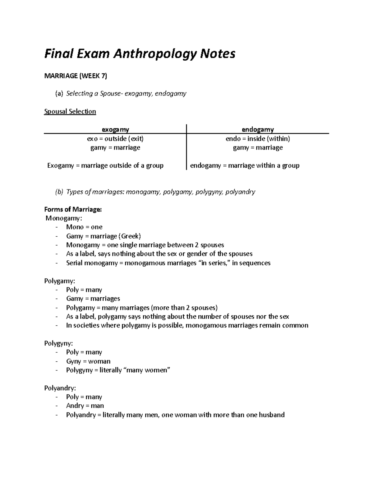 Final Exam Anthropology Notes - Final Exam Anthropology Notes MARRIAGE ...