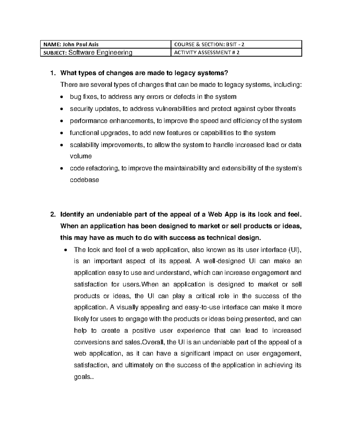 SE John Paul Asis Activity#2 - NAME: John Paul Asis COURSE & SECTION: BSIT - 2 SUBJECT: Software ...