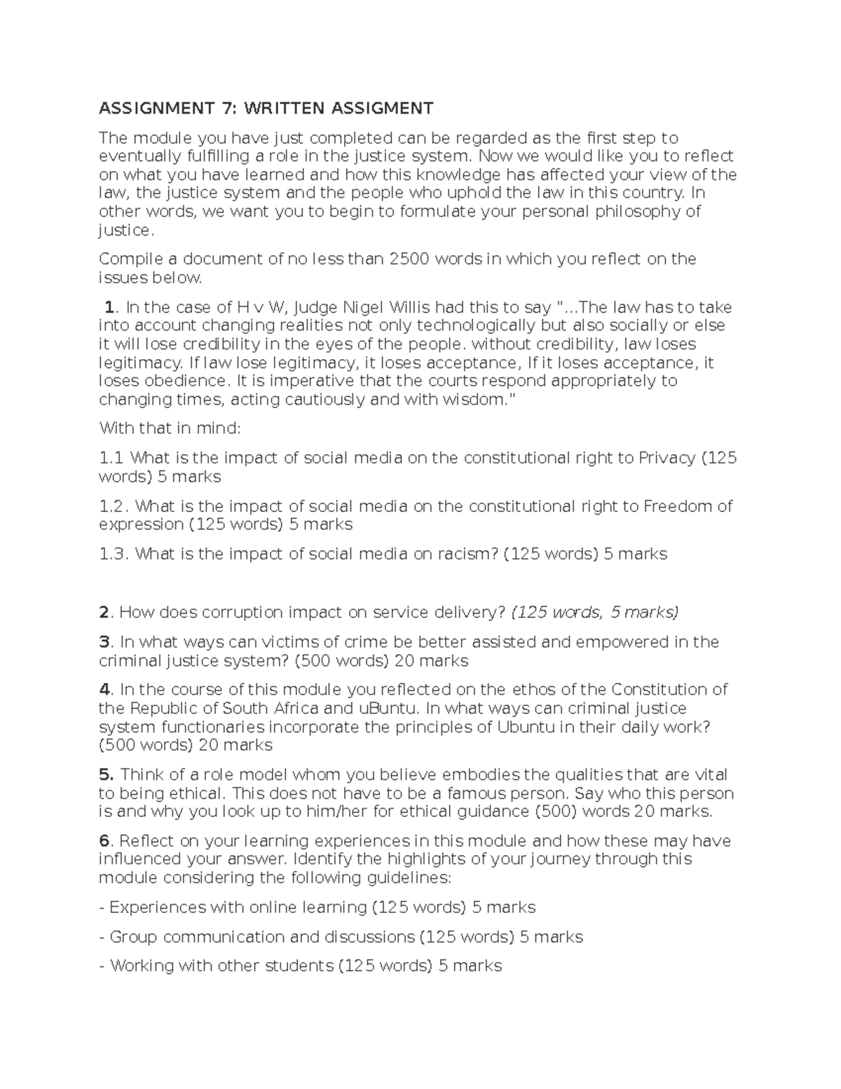 SJD assignment 7 questions - ASSIGNMENT 7: WRITTEN ASSIGMENT The module ...