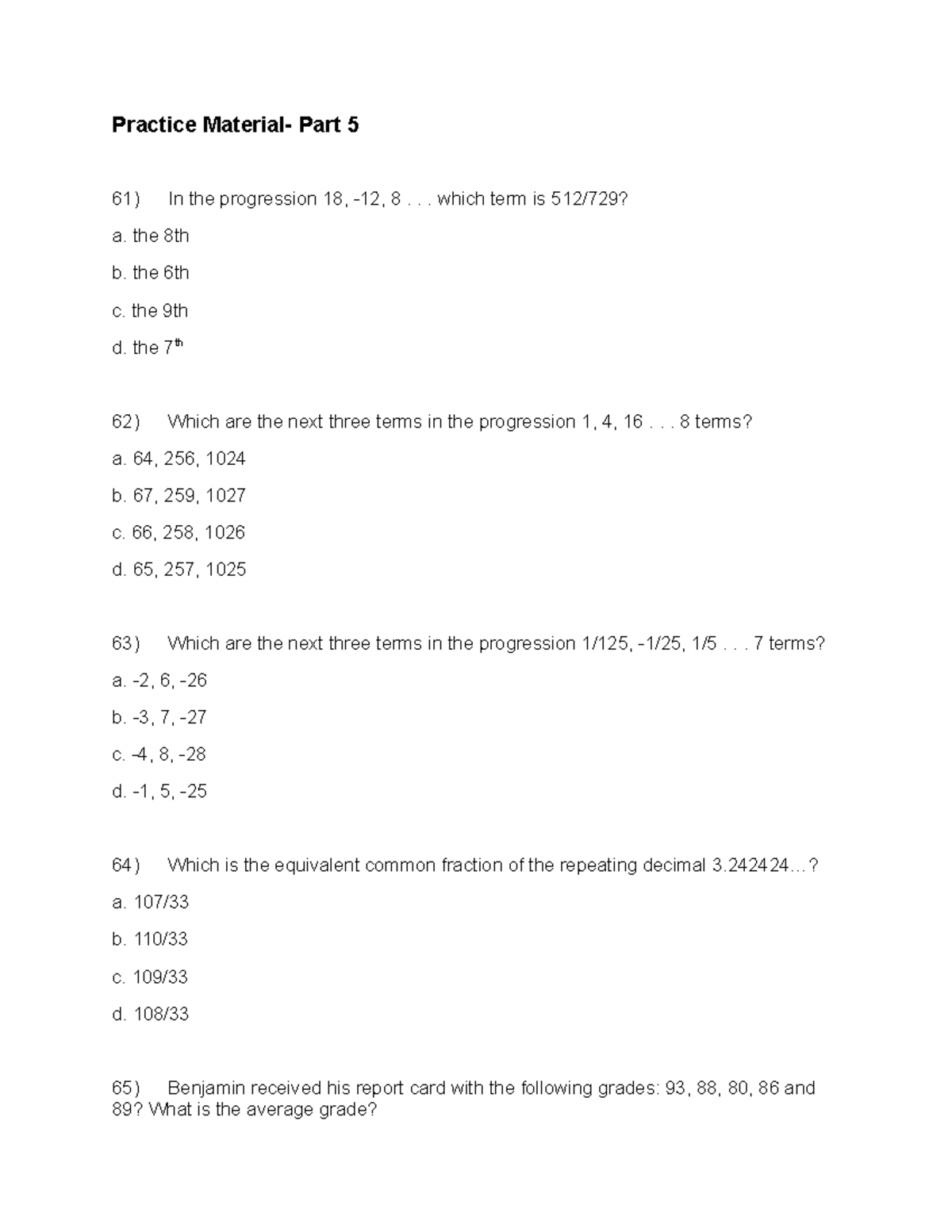 College and Advance Algebra- Part 5 - Practice Material- Part 5 In the ...