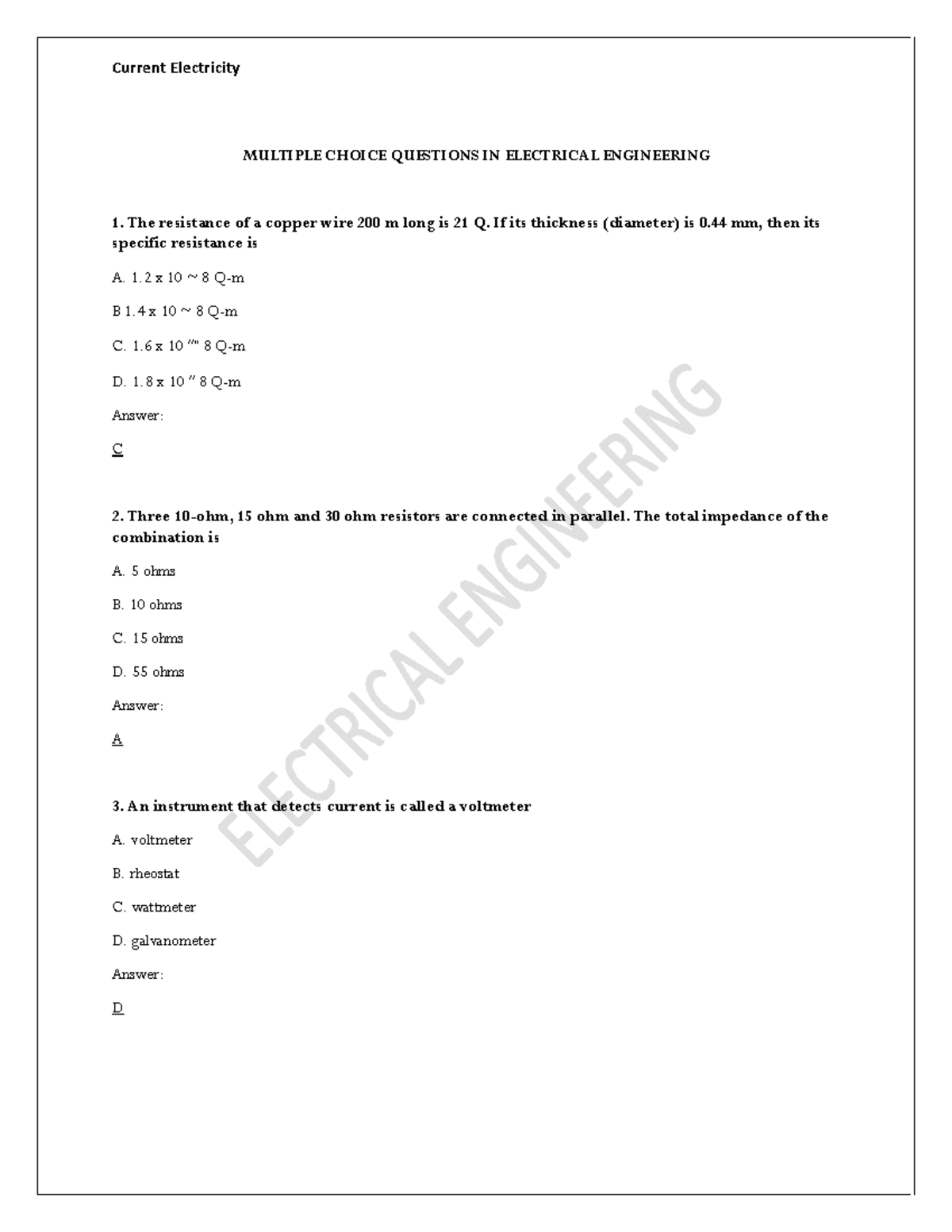 Electrical Engineering Practice Quizzes 2 Current Electricity electrical-engineering-practice-quizzes-2-current-electricity