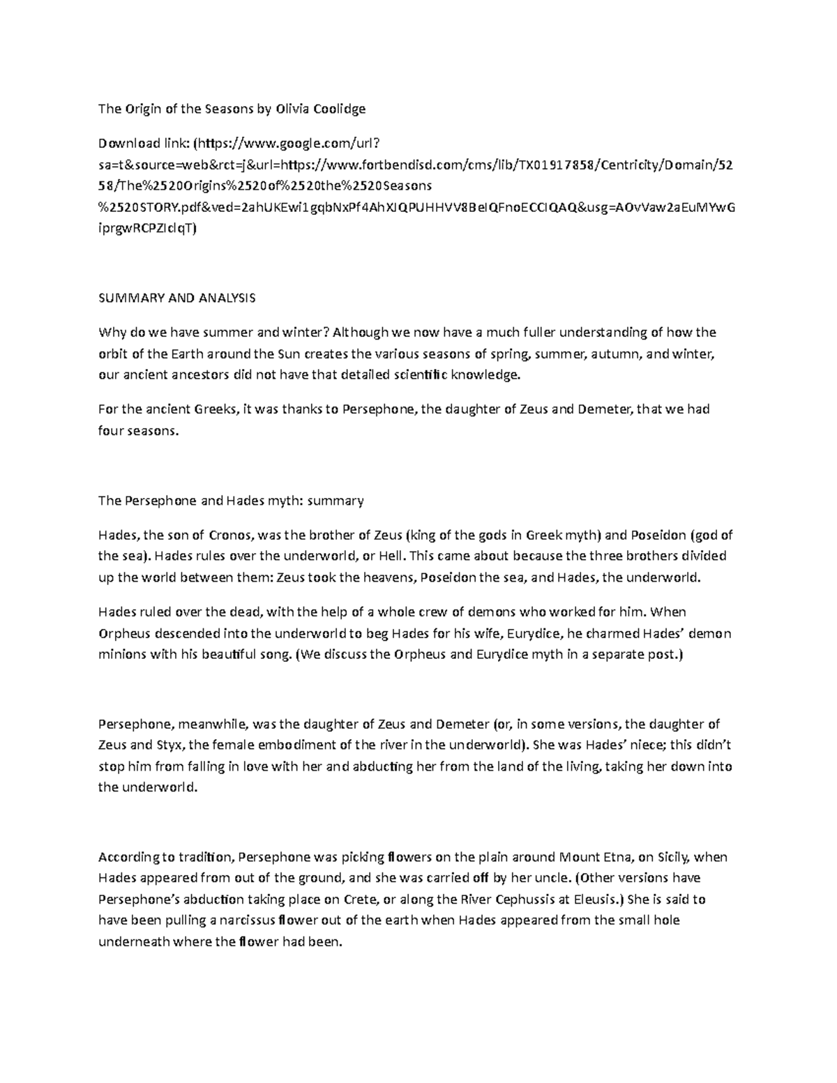 Literature- The Origin Of The Seasons - The Origin of the Seasons by ...